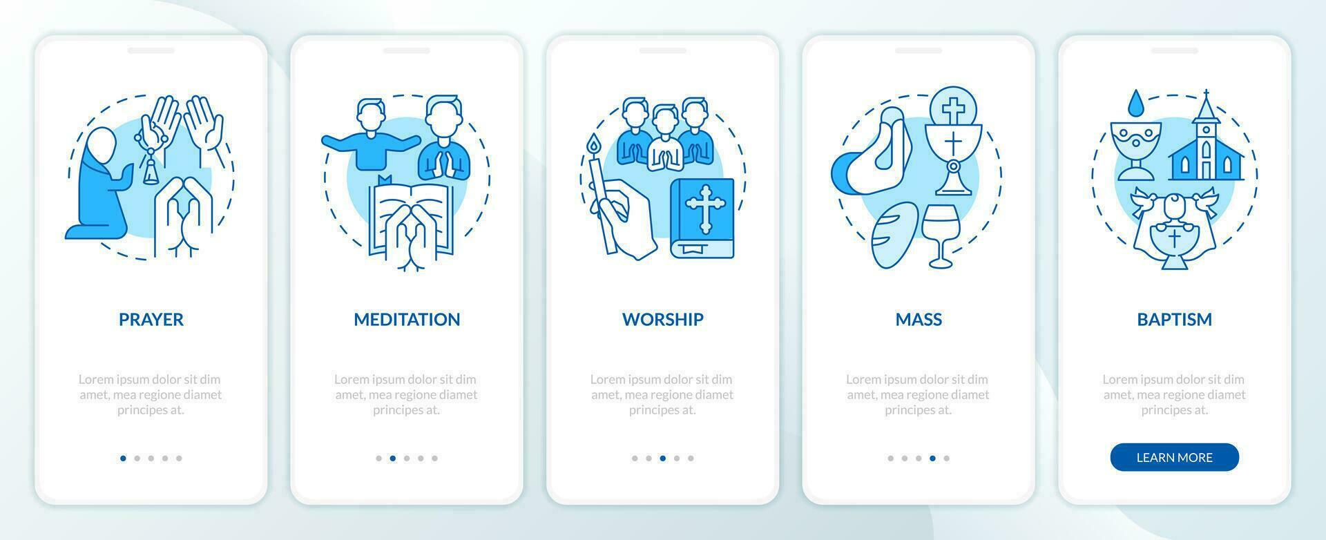 Religious Practices Blue Onboarding Mobile App Screen Worshiping Walkthrough 5 Steps Editable