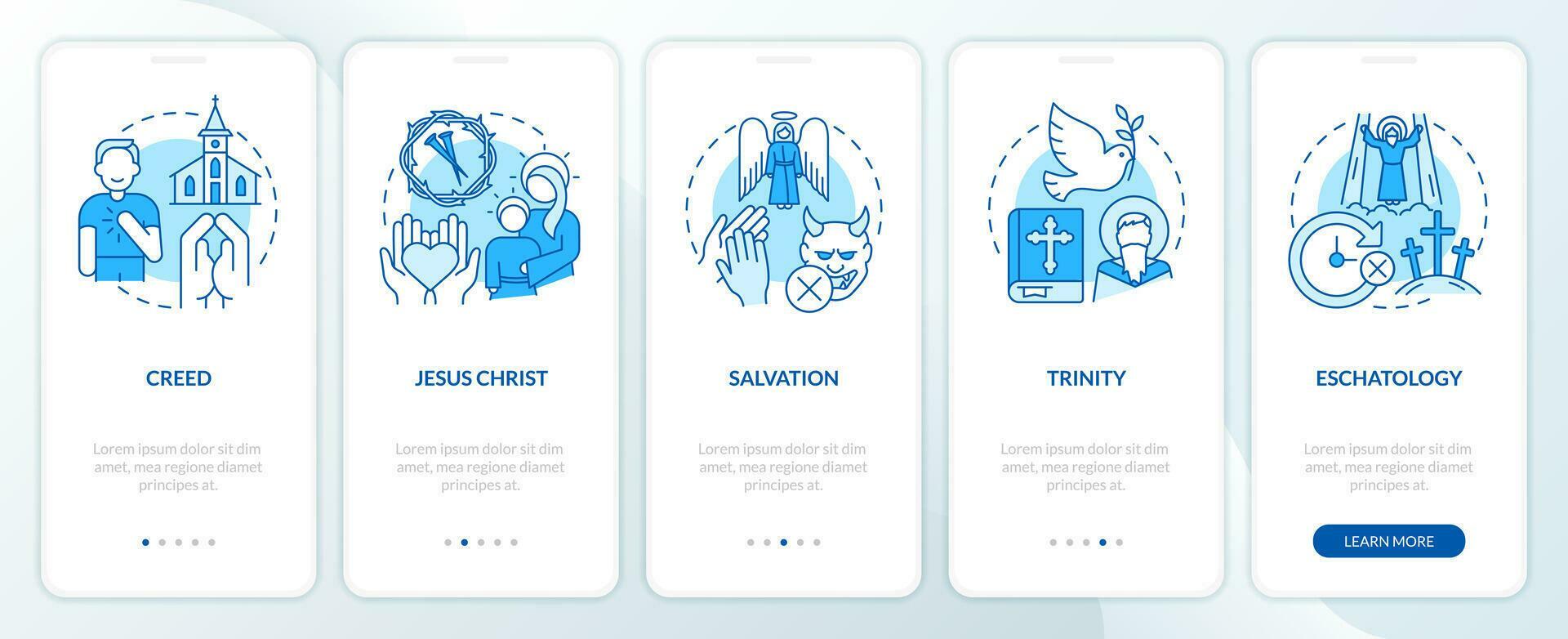Christian beliefs blue onboarding mobile app screen. Statements walkthrough 5 steps editable ...