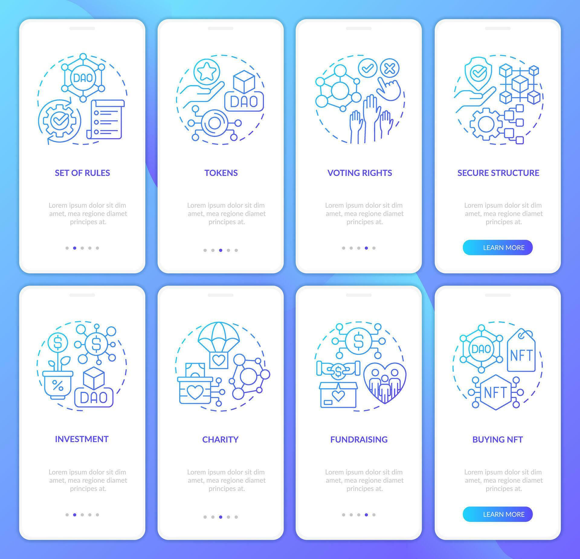 Dao Elements And Usage Purpose Blue Gradient Onboarding Mobile App Screens Set Walkthrough 4