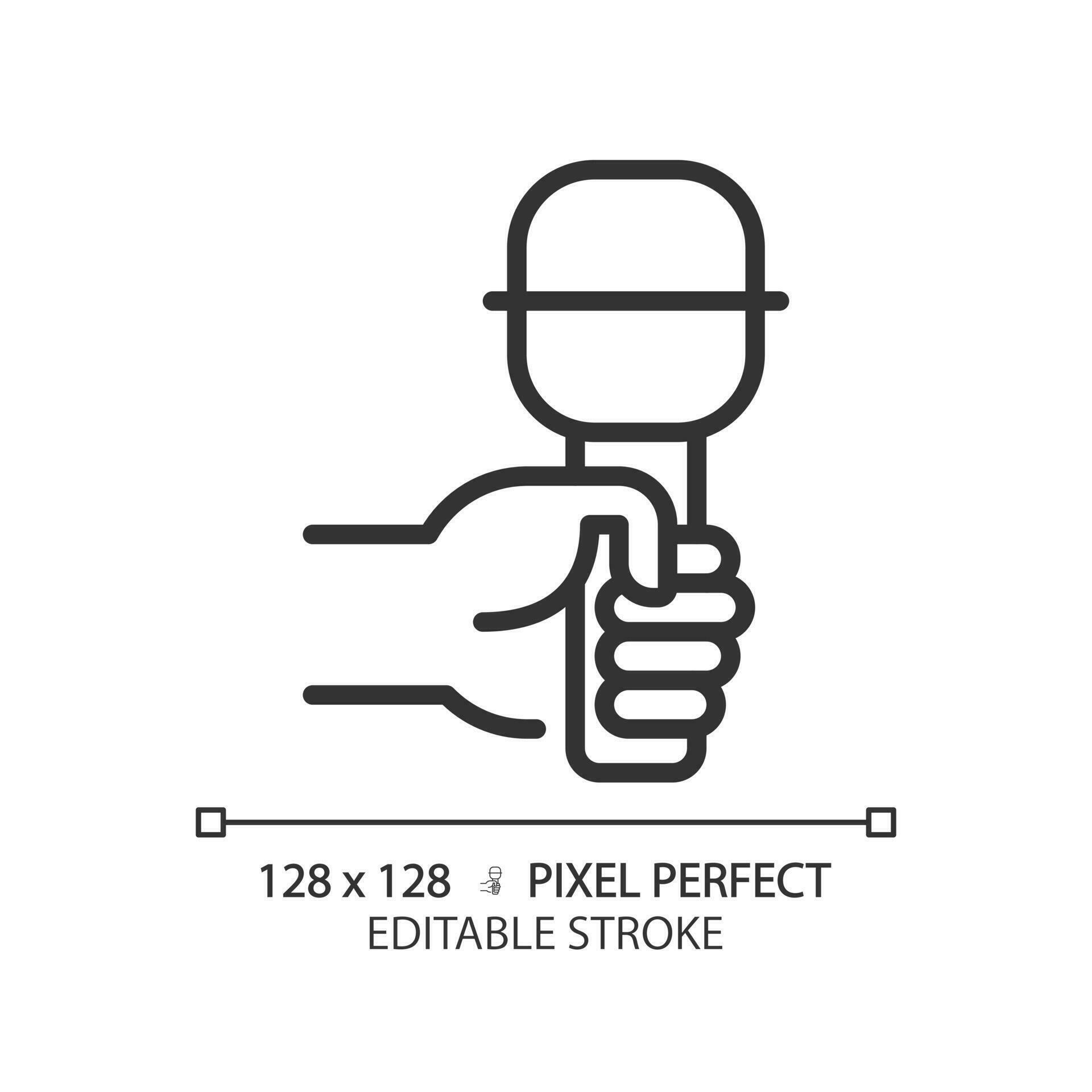 Mano Con Micrófono Píxel Perfecto Lineal Icono Audio Grabación Equipo