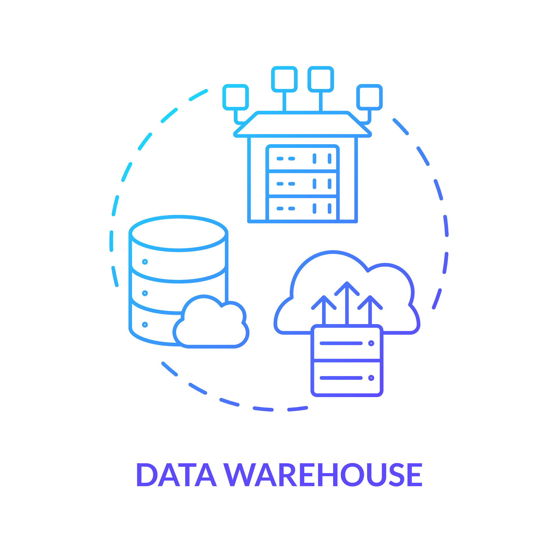 Data warehouse blue gradient concept icon. Online storage. Information analytics. Data ...