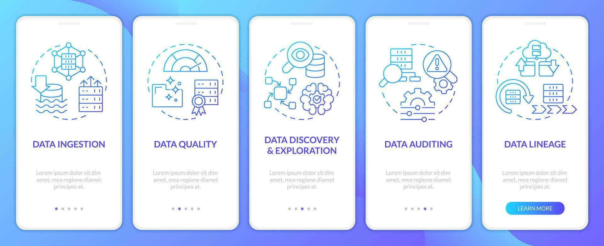 Data lake key concepts blue gradient mobile app screen. Technology. Walkthrough 5 steps graphic ...