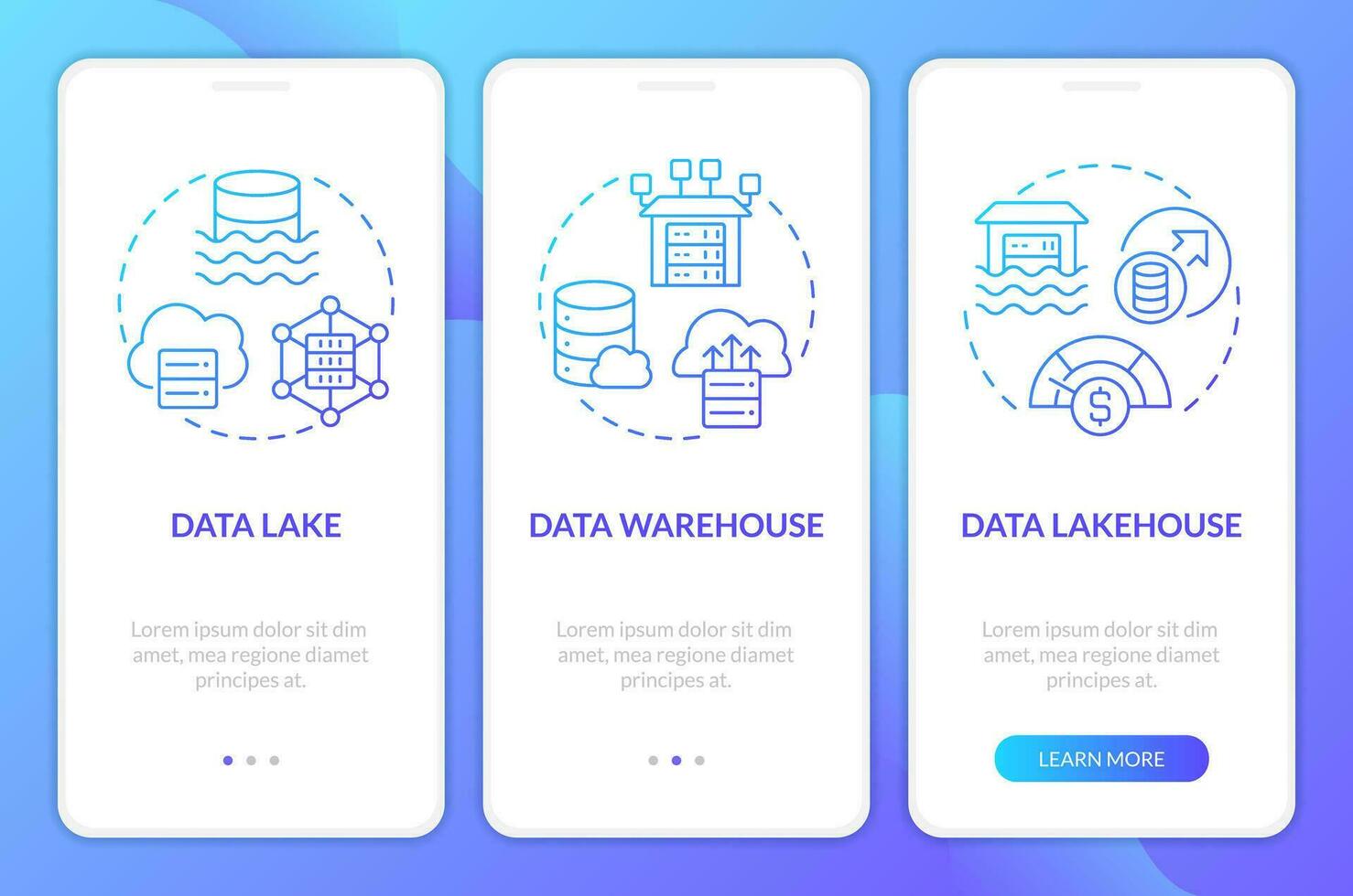 Data Repositories Blue Gradient Mobile App Screen Digital Storage Walkthrough 3 Steps Graphic