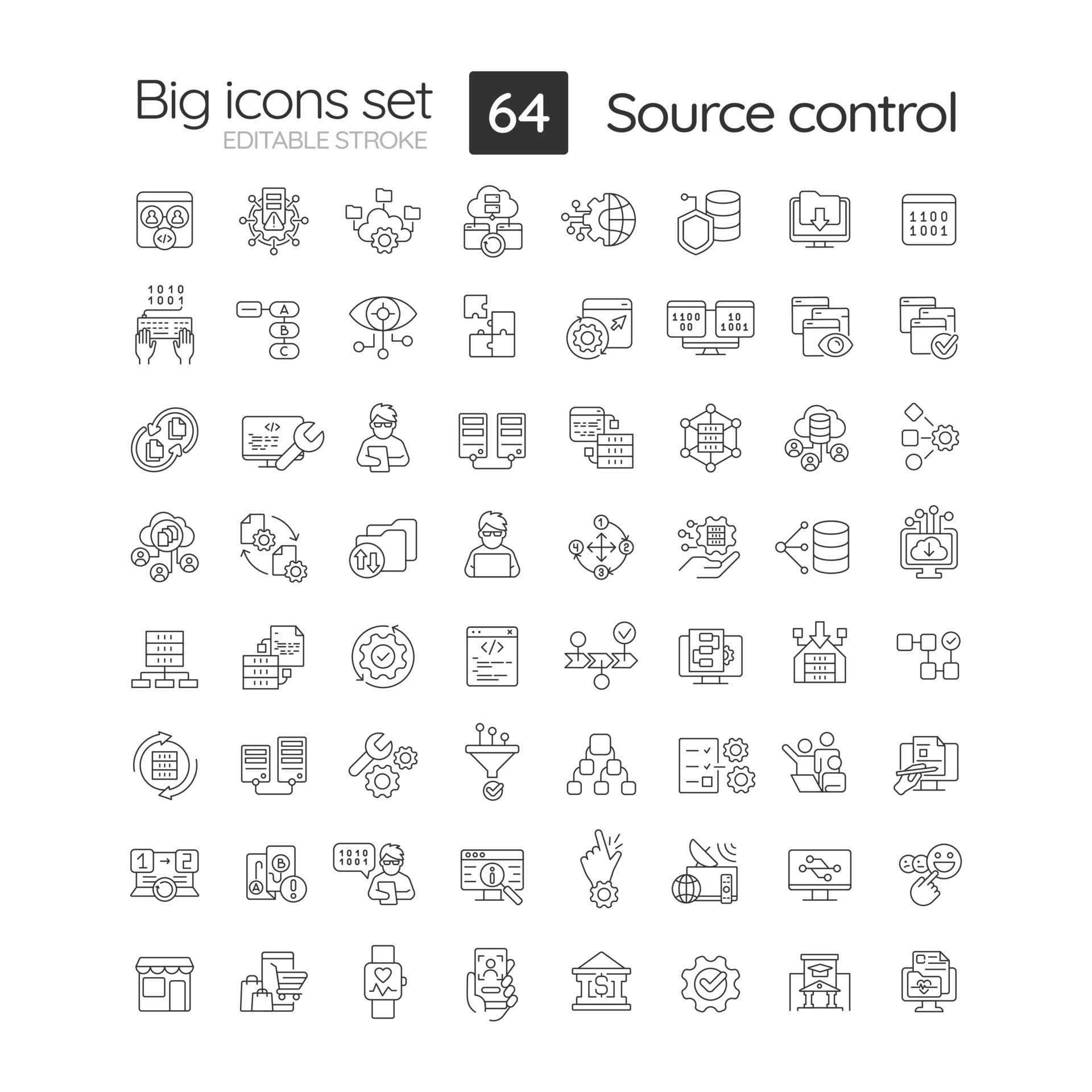 Source control linear icons set. Software development technology. Files ...