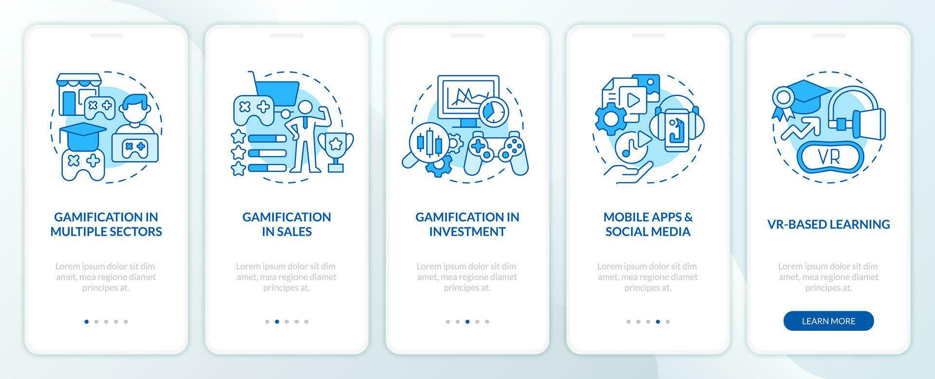 Gamification Trends Blue Onboarding Mobile App Screen Games Walkthrough 5 Steps Editable