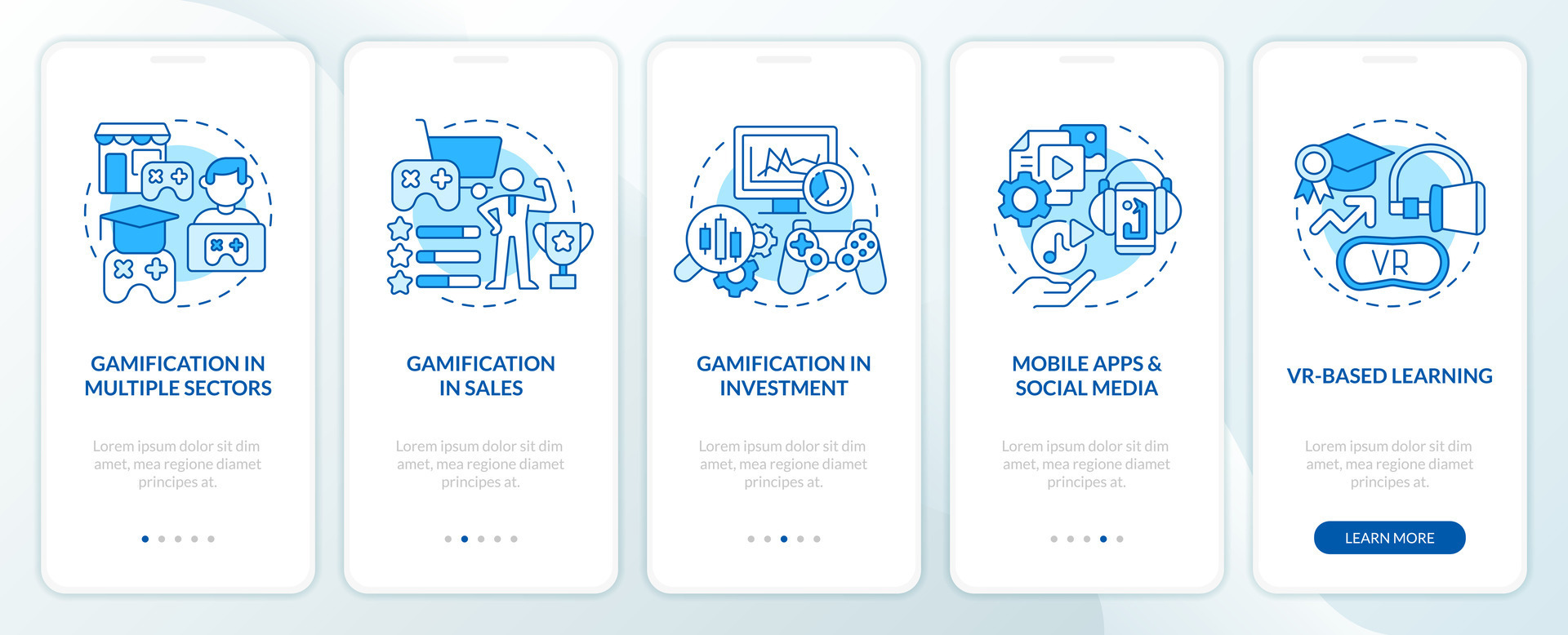 Gamification Trends Blue Onboarding Mobile App Screen Games Walkthrough 5 Steps Editable