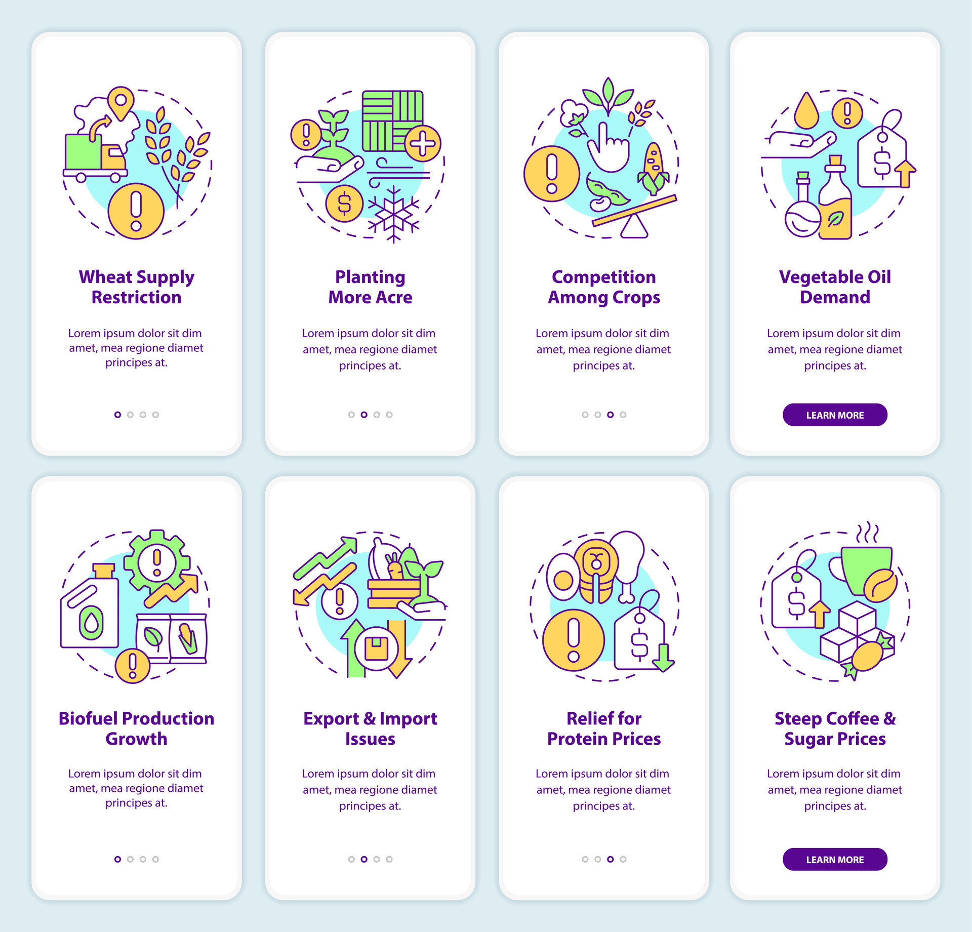 Farming Issues Onboarding Mobile App Screen Set Agro Challenges Walkthrough 4 Steps Editable