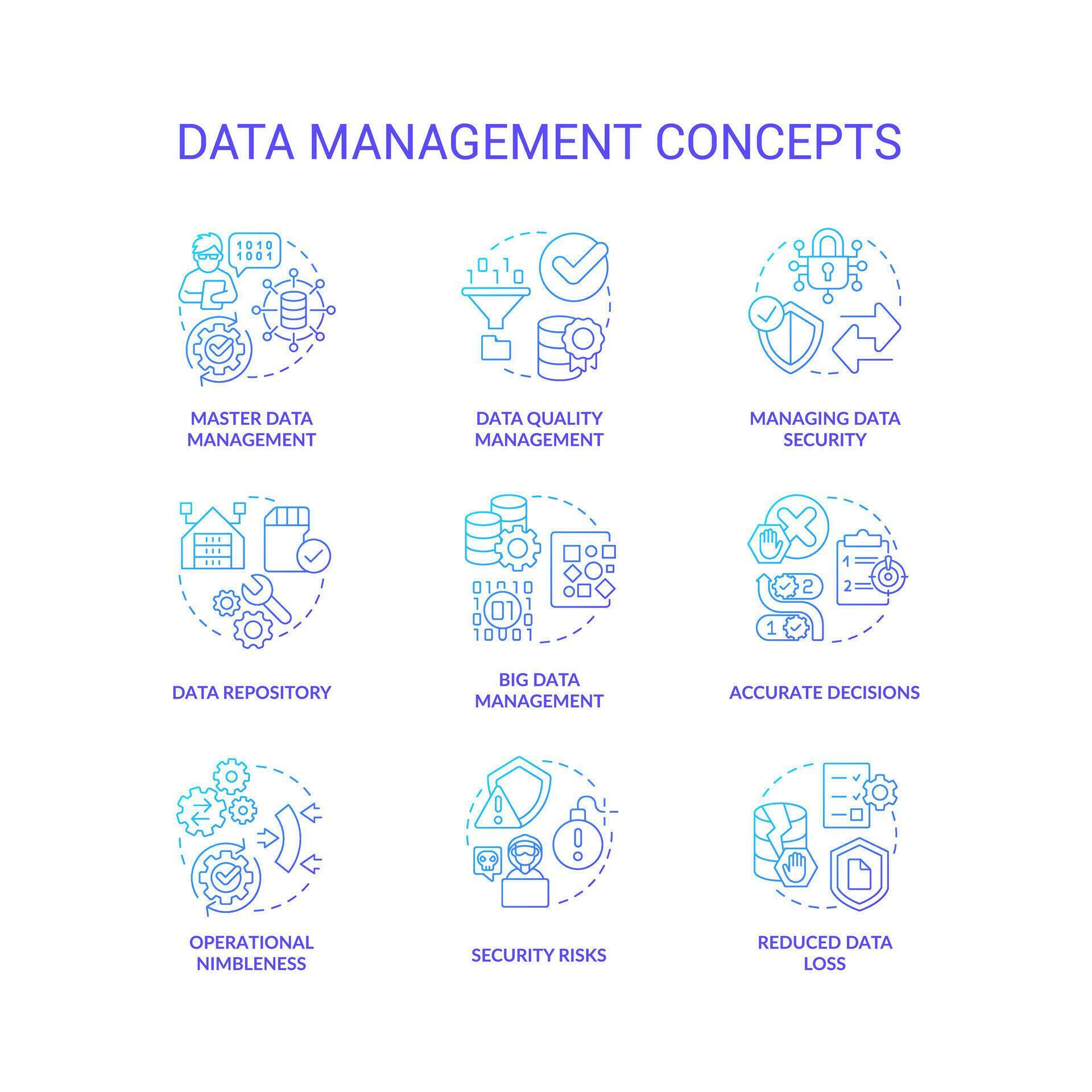 Data management blue gradient concept icons set. Information storage ...