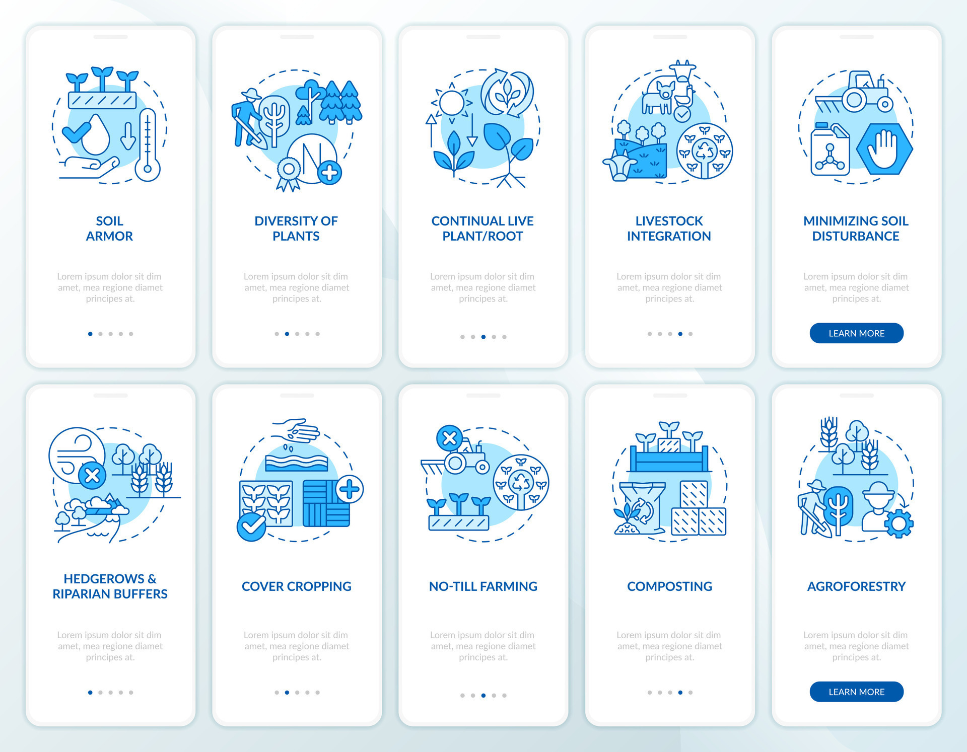 Regenerative Agriculture Blue Onboarding Mobile App Screens Set Walkthrough 5 Steps Editable