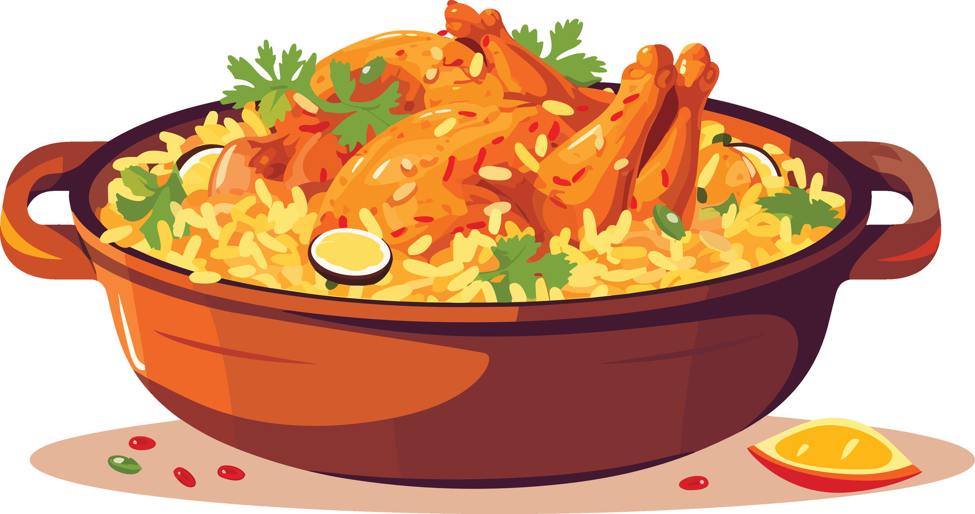 hot and spicy chicken biryani with roasted pieces and lemon illustration on isolated white ...