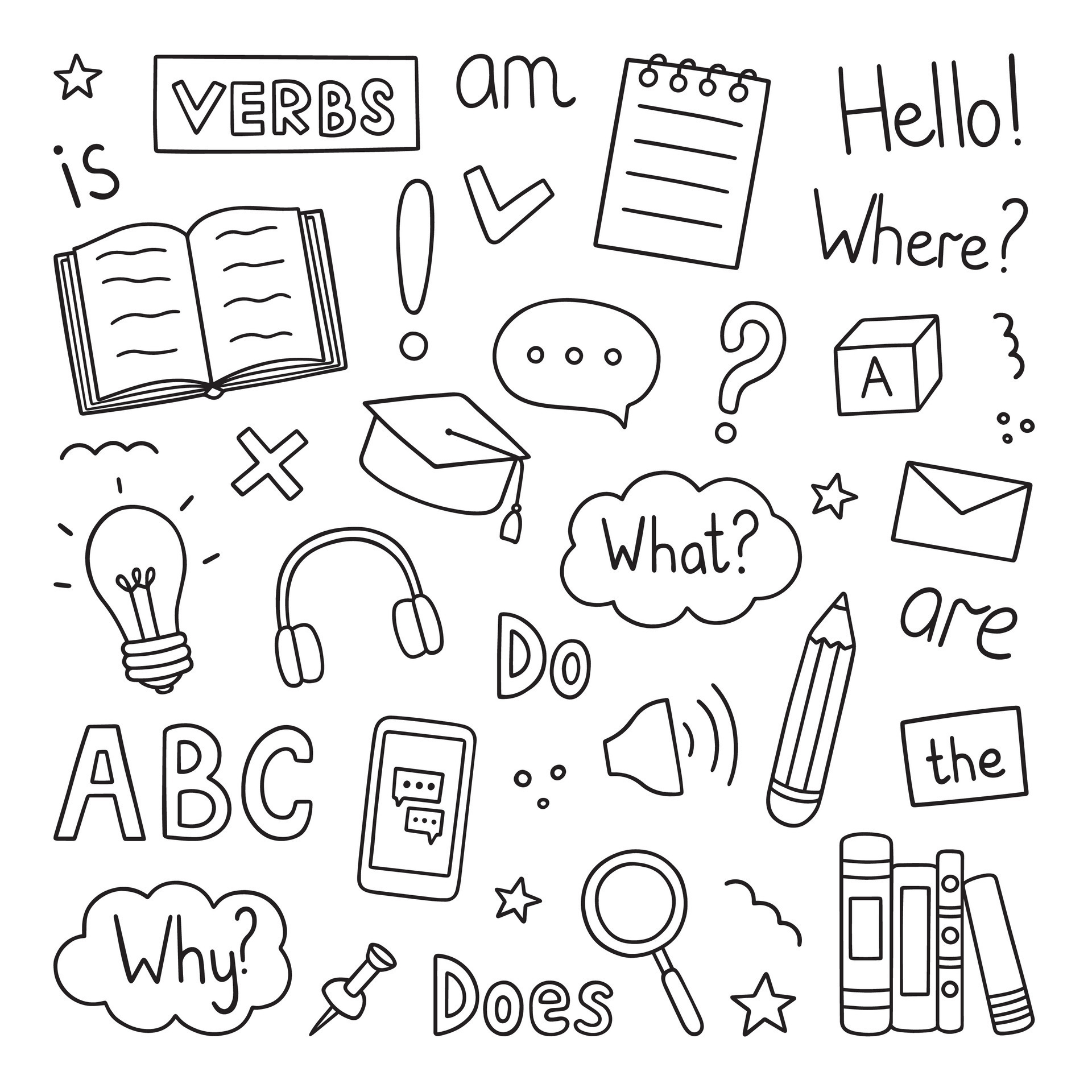Learning English doodle set. Language school in sketch style. Online ... Learning English doodle set. Language school in sketch style. Online ...