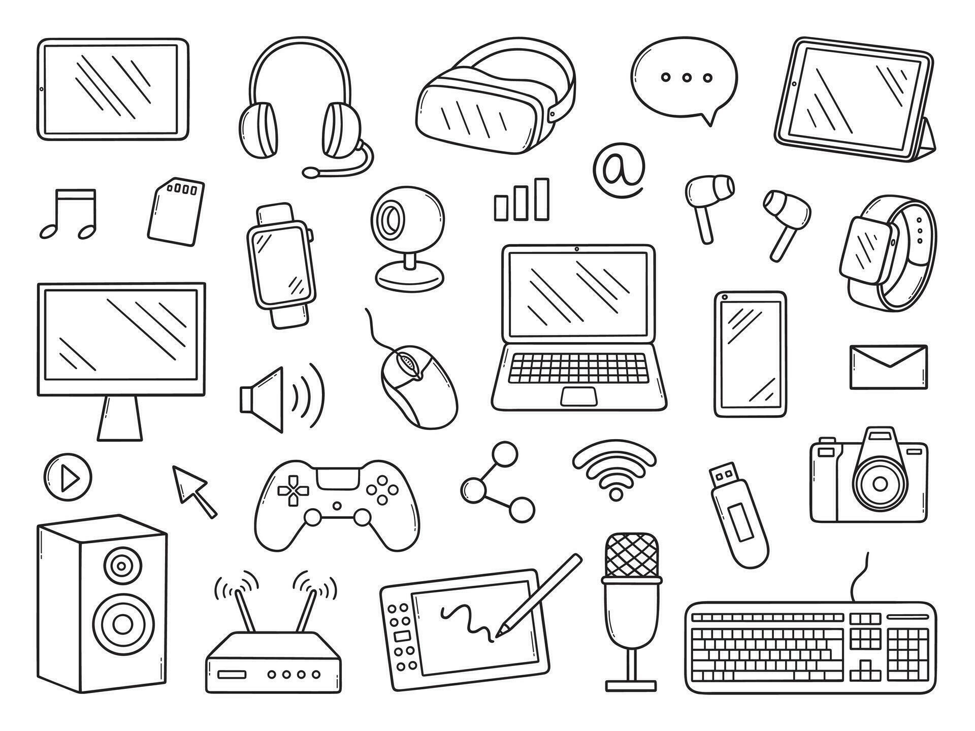 Gadgets doodle set. Keyboard, headphones, computer mouse, watch, computer in sketch style. Hand ...