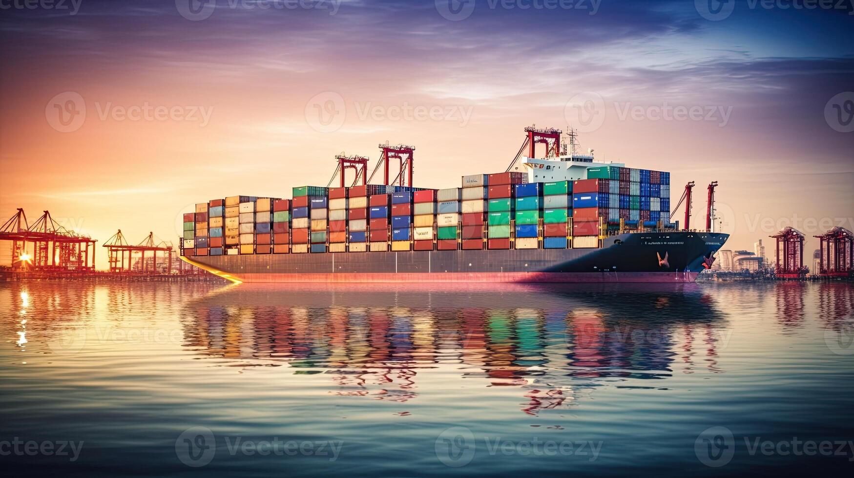 Container Ship On The Background Of The Port Carrying Colorful