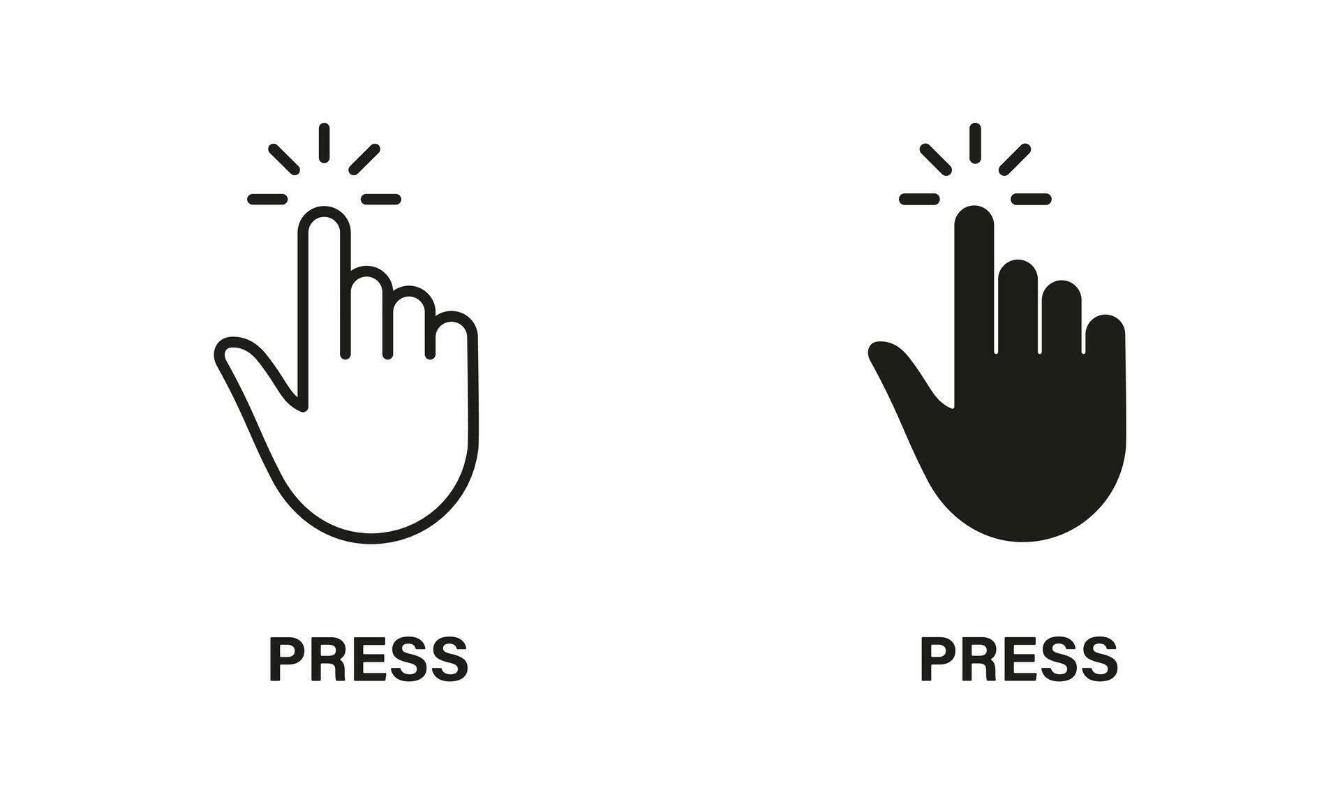 Press Gesture Hand Cursor For Computer Mouse Line And Silhouette Black Icon Set Click Tap