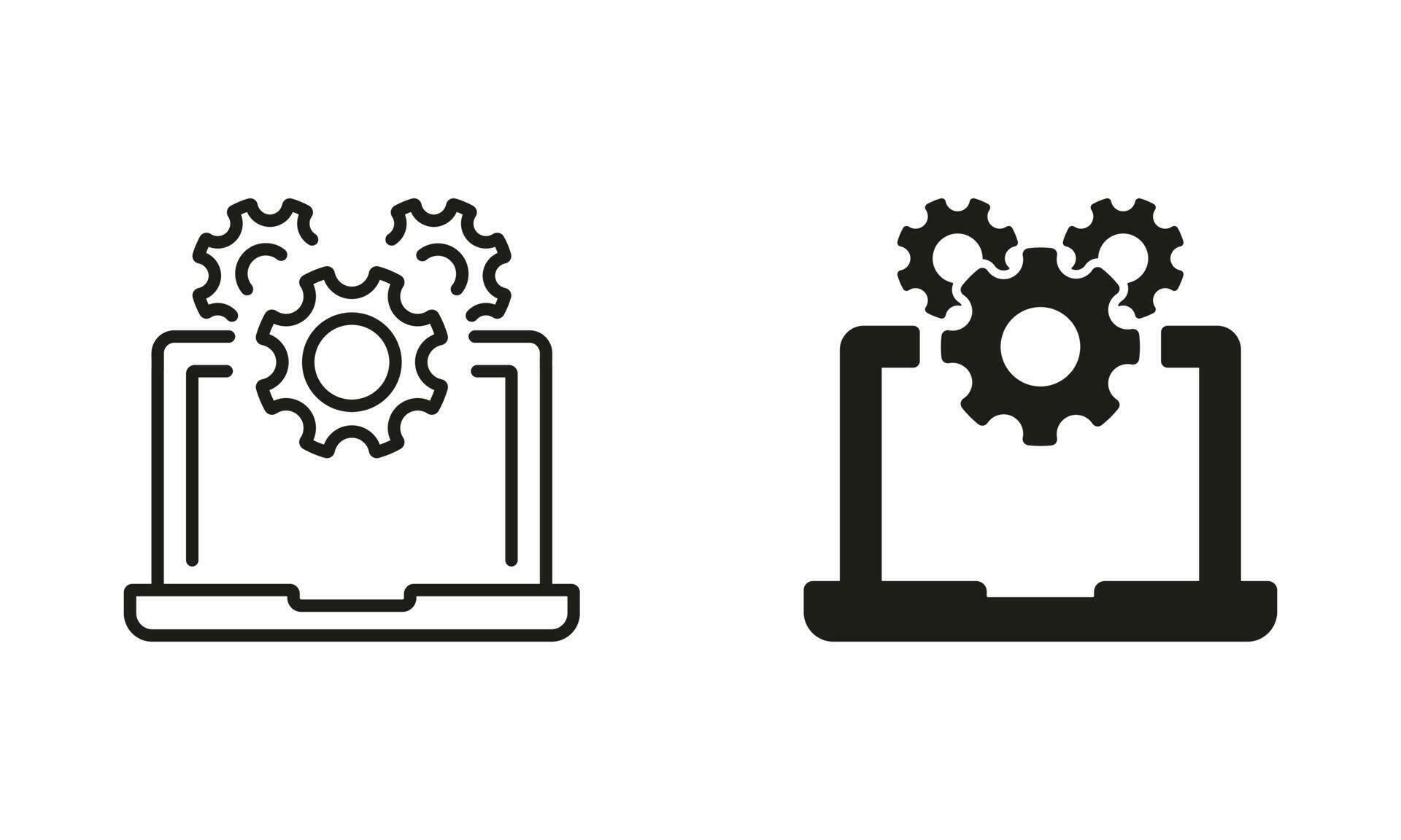 Computer System Update Line And Silhouette Icon Set Settings And Configuration Of Laptop