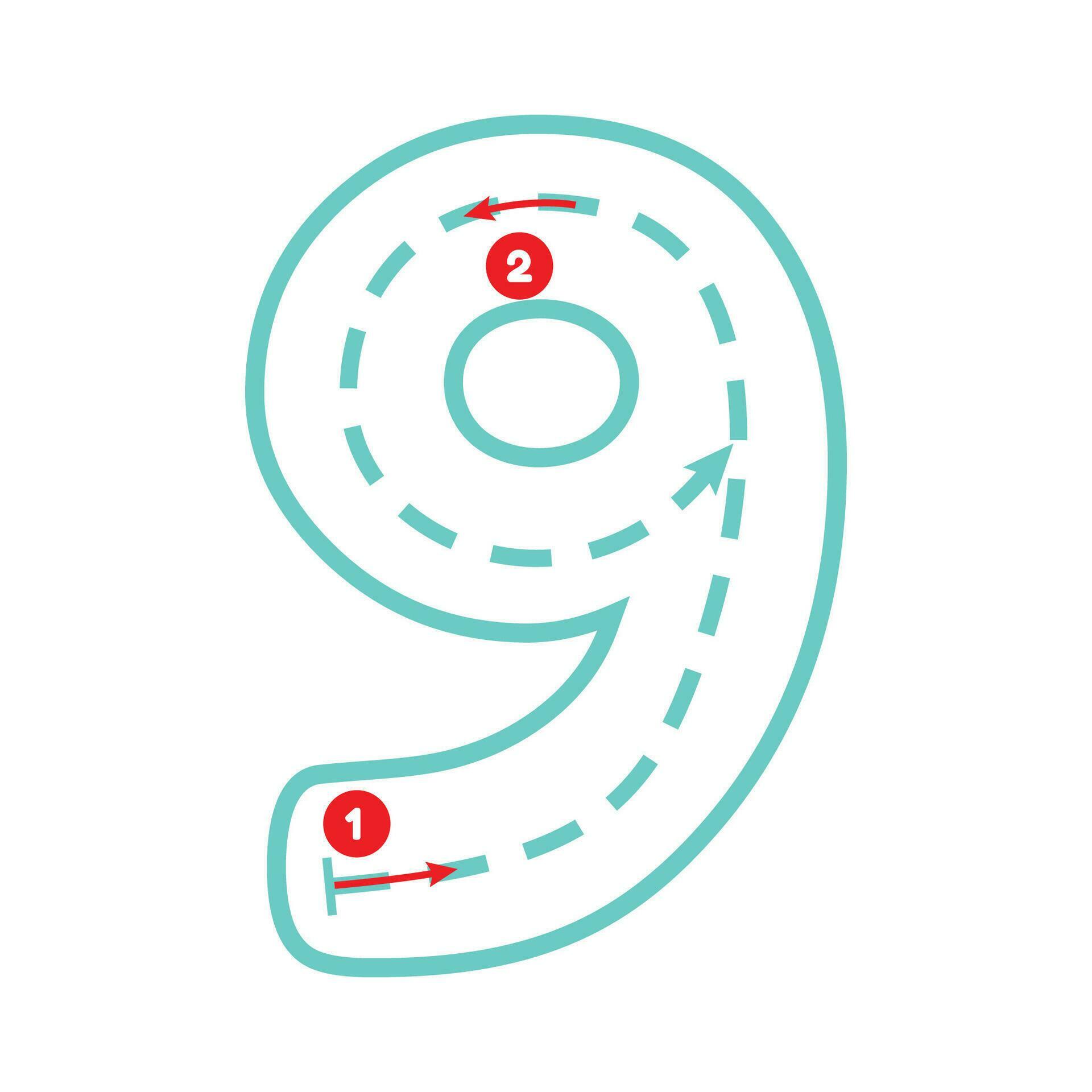 Write number nine with tracing guide. Outline number. Preschool ...