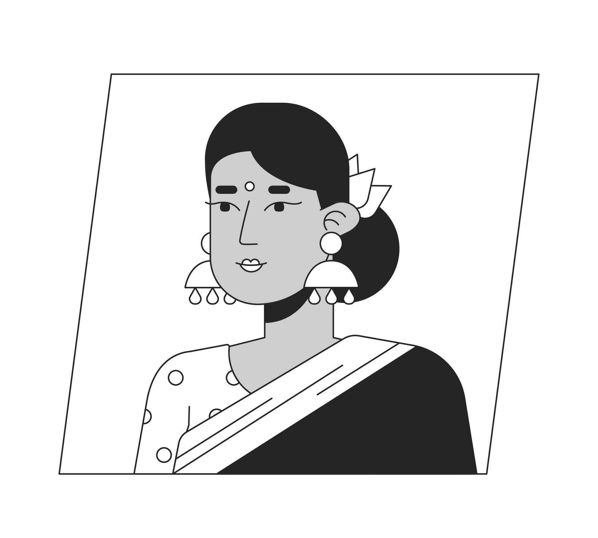 Attractive Indian Woman In Traditional Clothes Black White Cartoon Avatar Icon Editable 2d