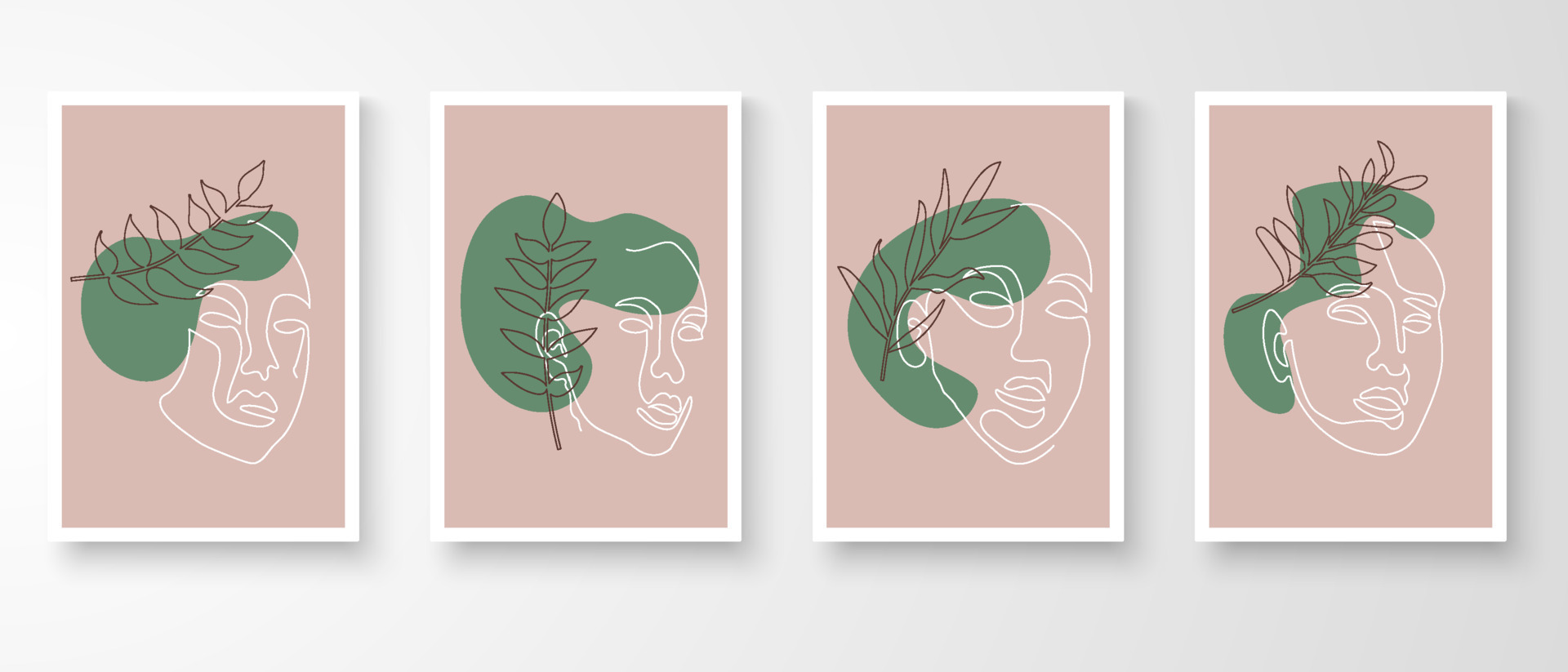 Set of minimal one line wall art in white frames. Foliage line art ...