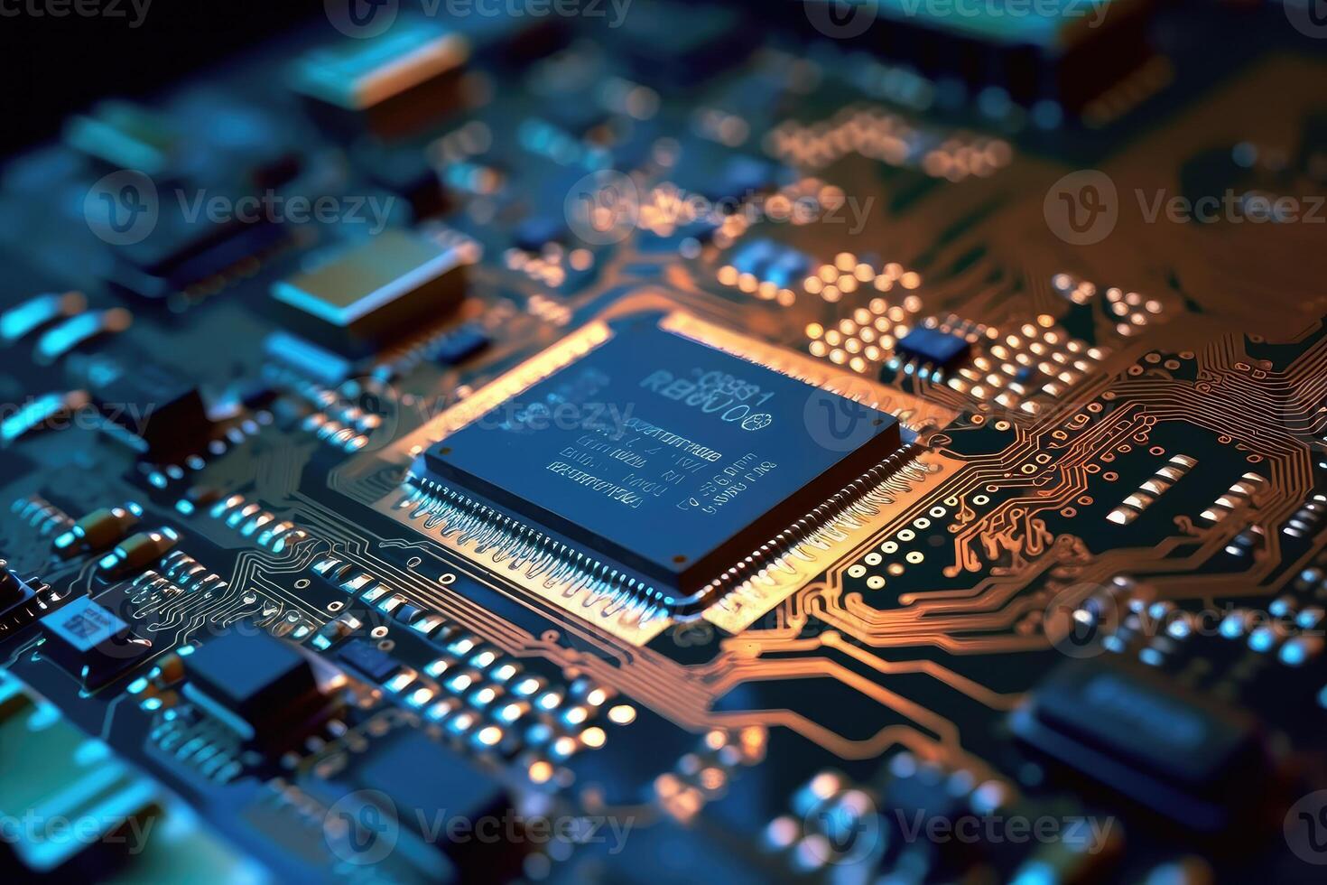 Hight semiconductor technology chip on integrated circuit board, line in light, metallic luster ...