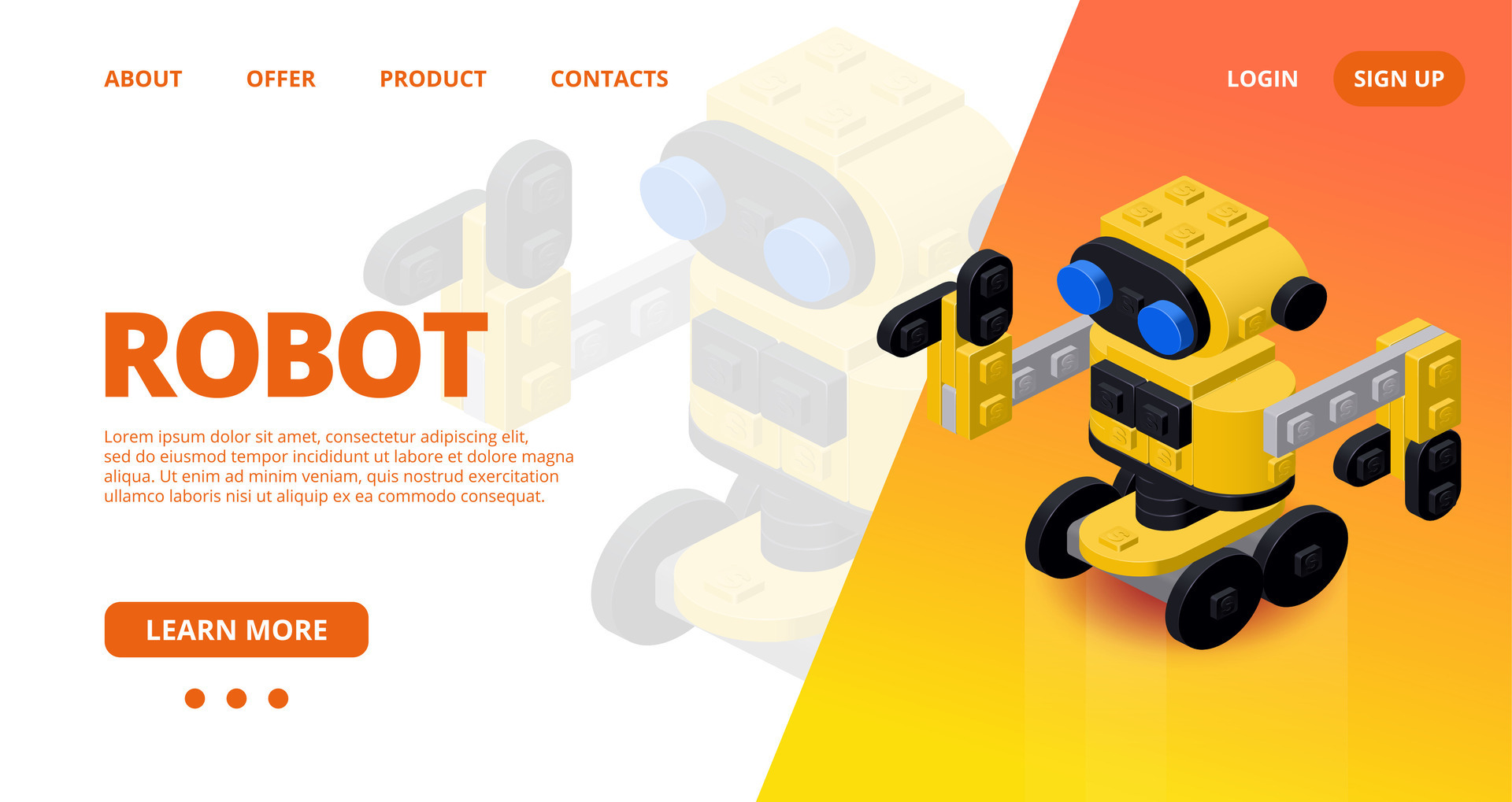 Web template with a yellow robot assembled from plastic blocks in isometric style for printing ...