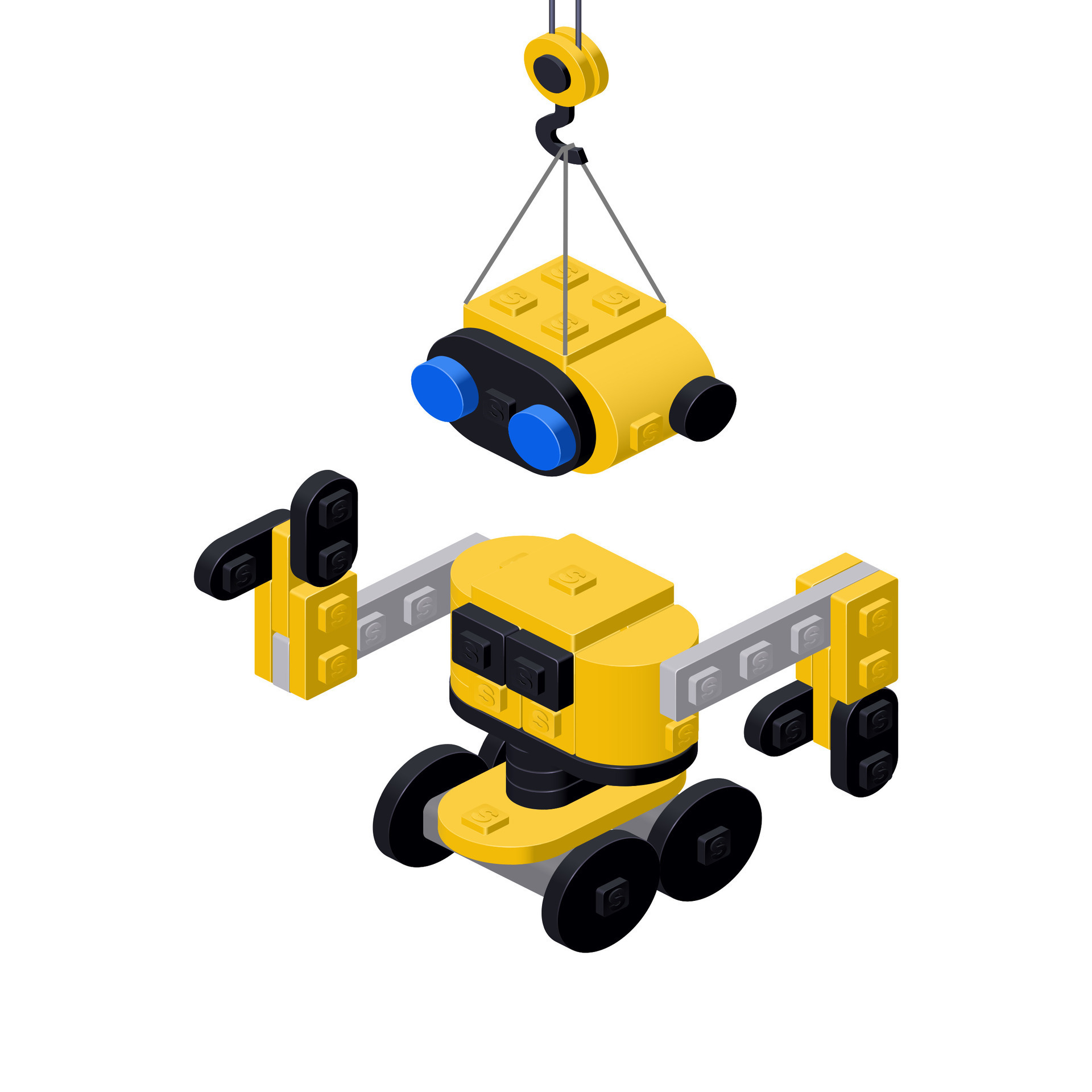 Concept with yellow robot assembled from plastic blocks in isometric ...