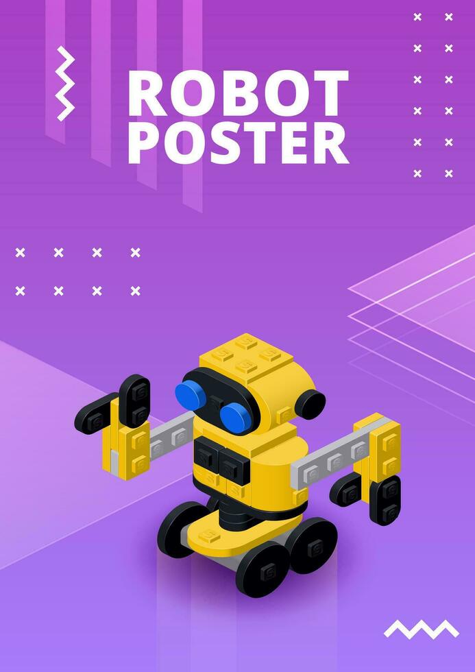 Poster with a yellow robot assembled from plastic blocks in isometric ...