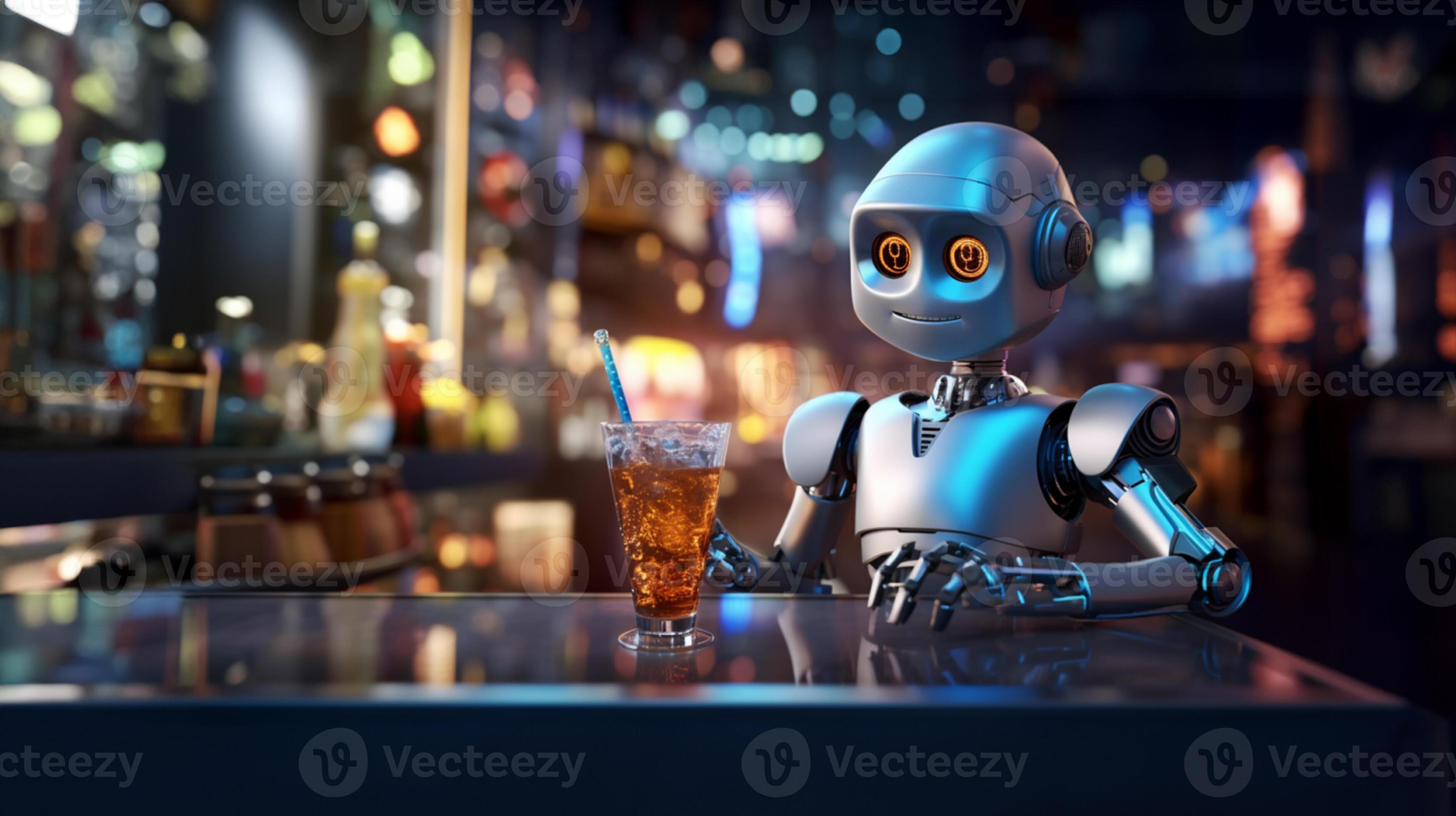 Cheerful robot bartender makes cocktails. Neon bar, futuristic bar. AI generated 25853514 Stock ...