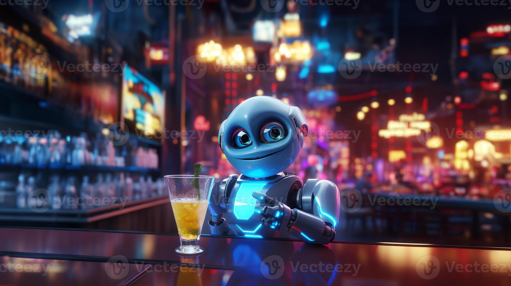 Cheerful robot bartender makes cocktails. Neon bar, futuristic bar. 25853560 Stock Photo at Vecteezy