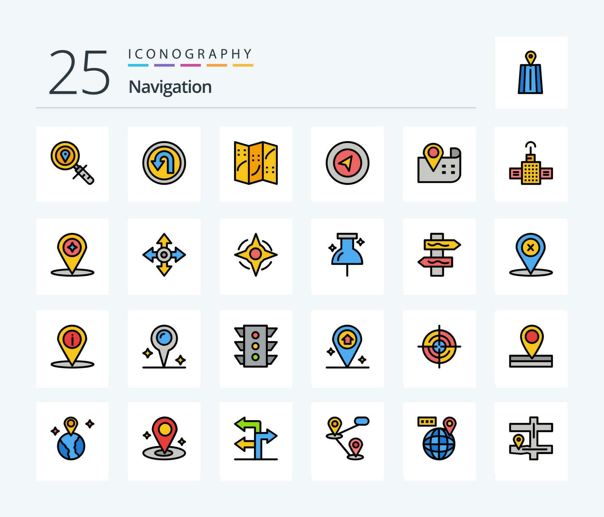 Navigation 25 Line Filled Icon Pack Including Location Compass Map