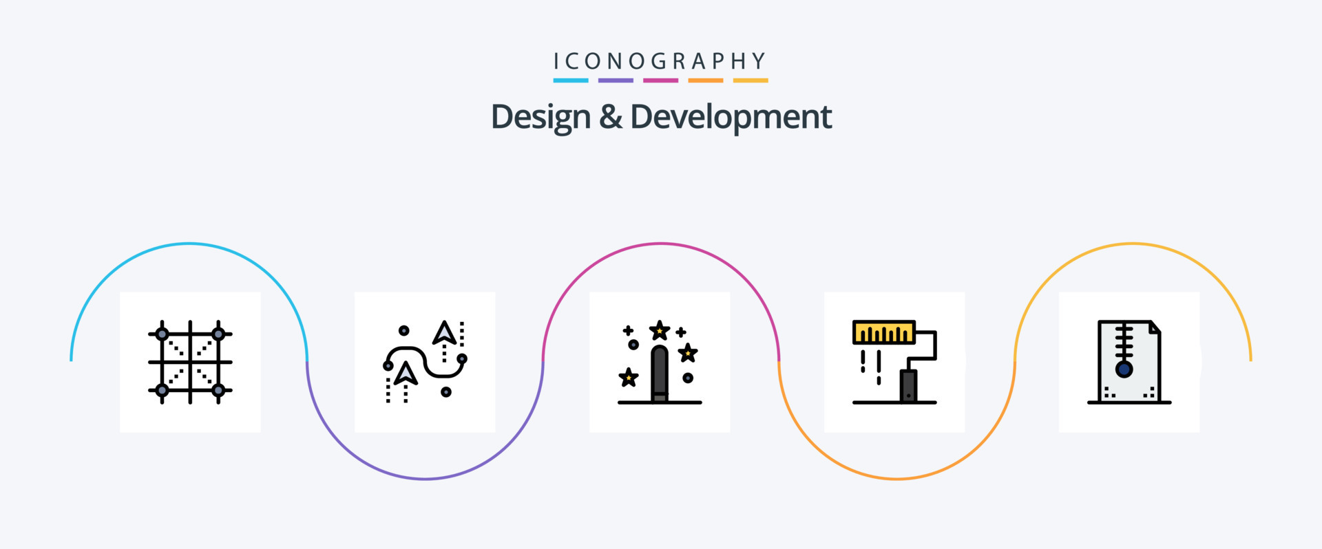 Design and Development Line Filled Flat 5 Icon Pack Including development. coding. development ...