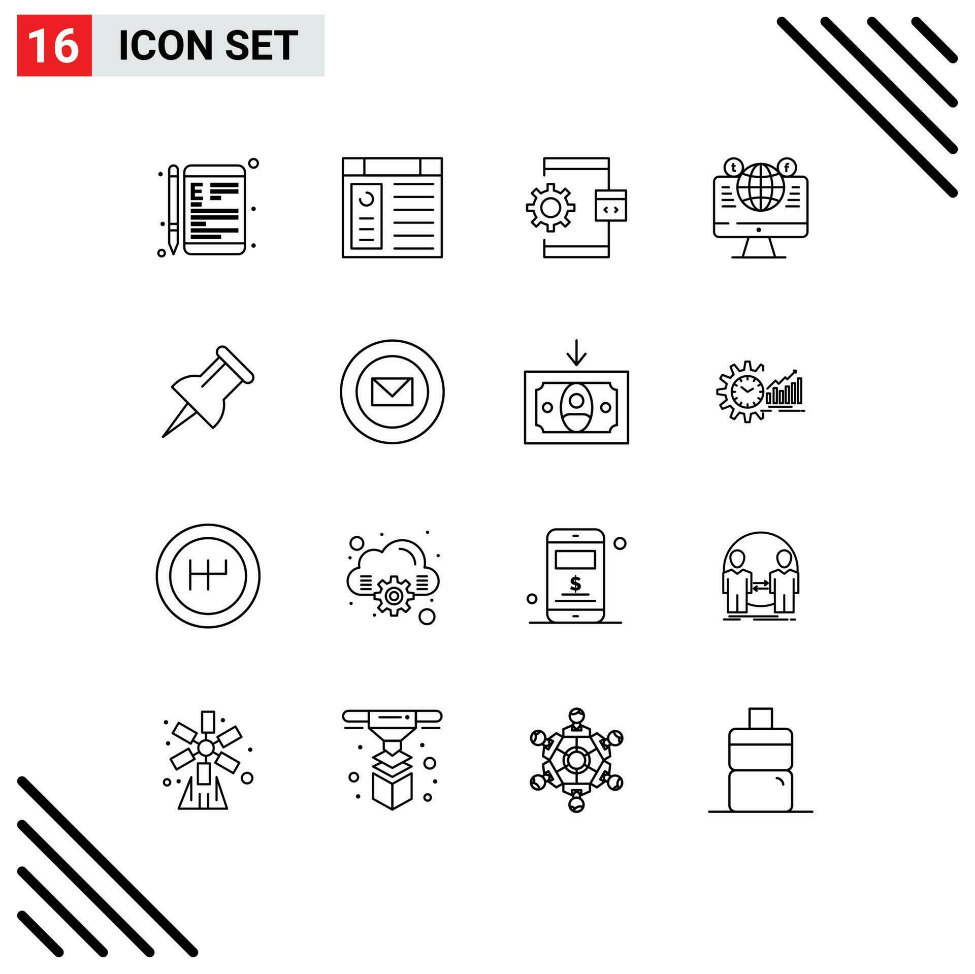 16 Thematic Vector Outlines And Editable Symbols Of Computer Website Page Process Develop