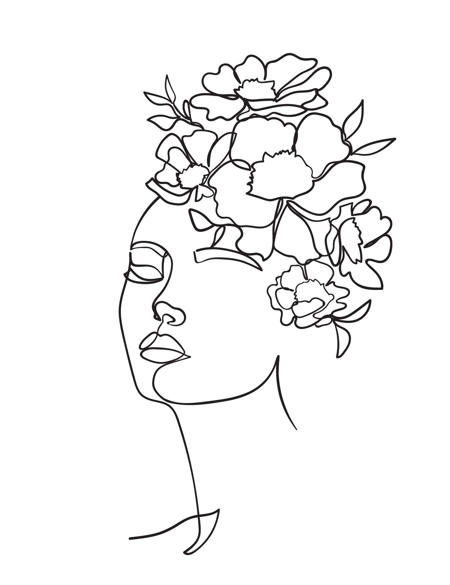 Female Face With Flowers Modern Minimalist Simple Linear Style Beauty