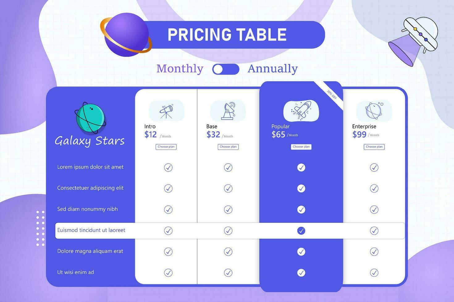 4 Plan Pricing Table Template Design, Comparison table. Price chart ...