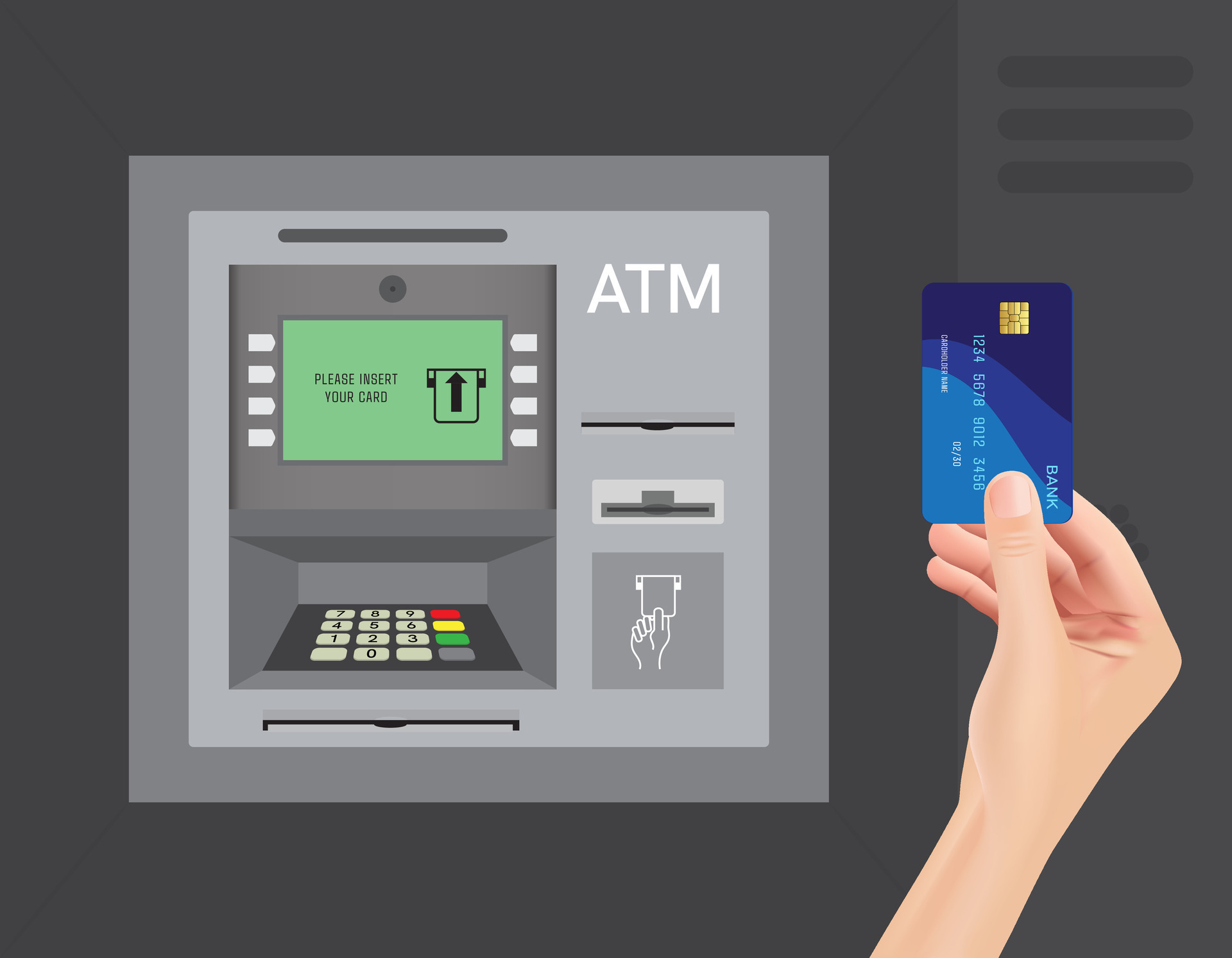Woman's hand pressing ATM code to withdraw money at gray ATM machine and withdrawing money The ...