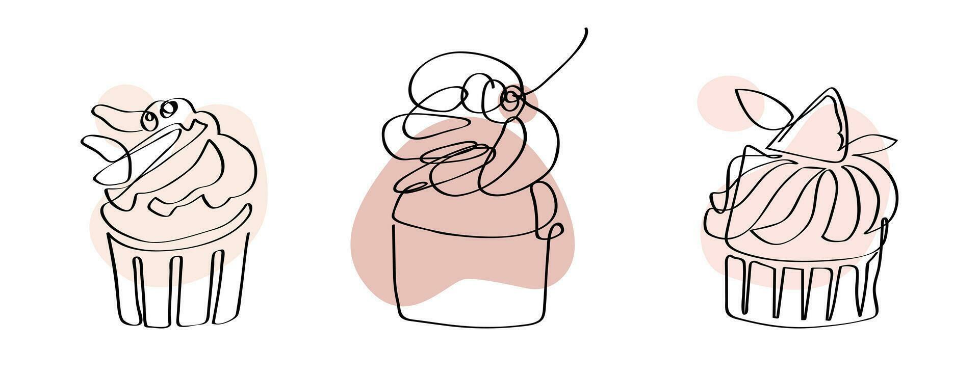 Set of abstract cupcakes. Vector illustration, minimalism, one continuous line, sketch, drawing ...