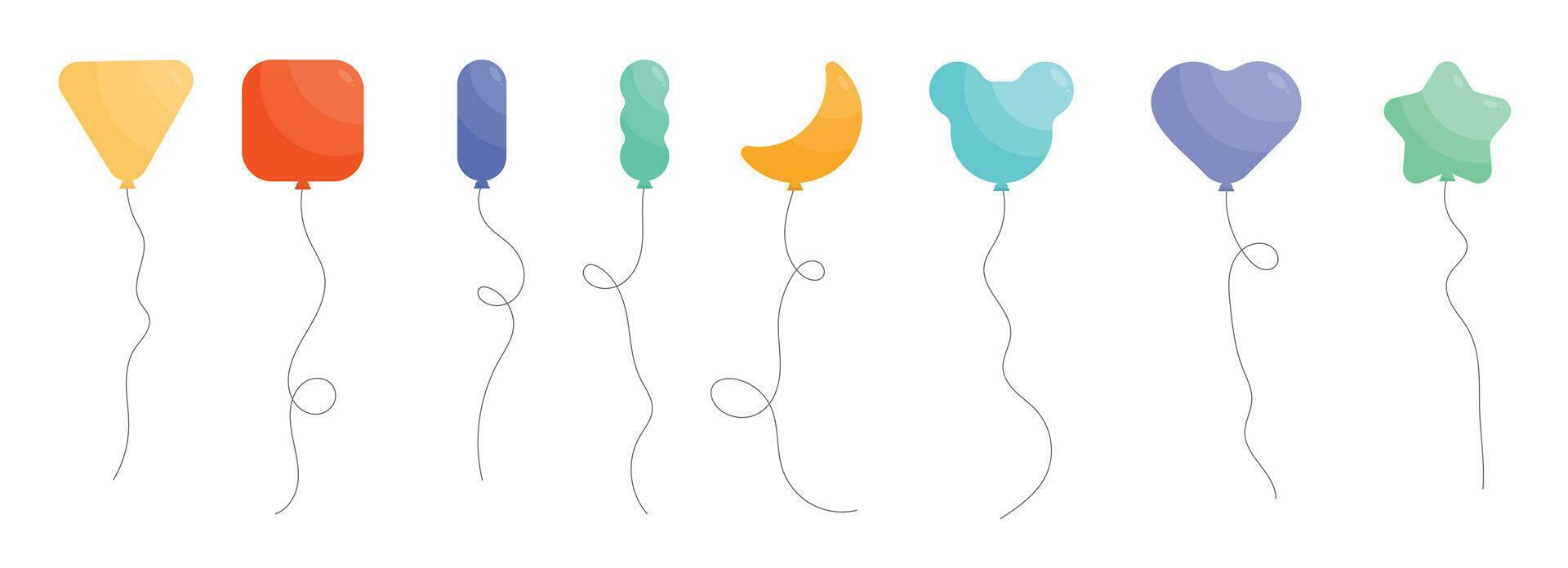 Set of colored party balloons tied with strings. Vector illustration in ...
