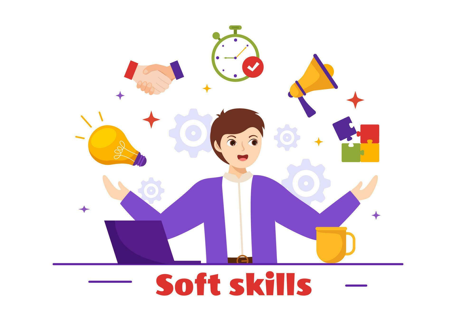 Soft Skills Vector Illustration of Office Workers Empathy, Communication, Idea Development ...