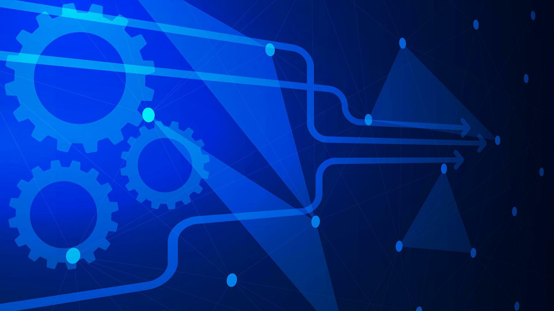 Business process management system concept with gears, arrow and plexus on dark blue background ...