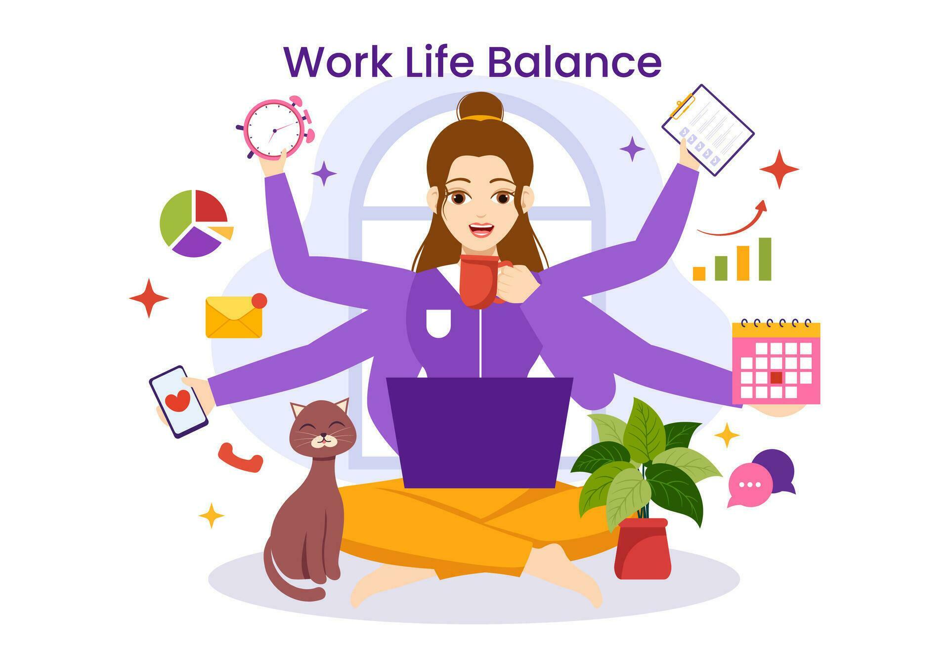 Work Life Balance Vector Illustration of Person Balancing with Job and Family or Leisure ...
