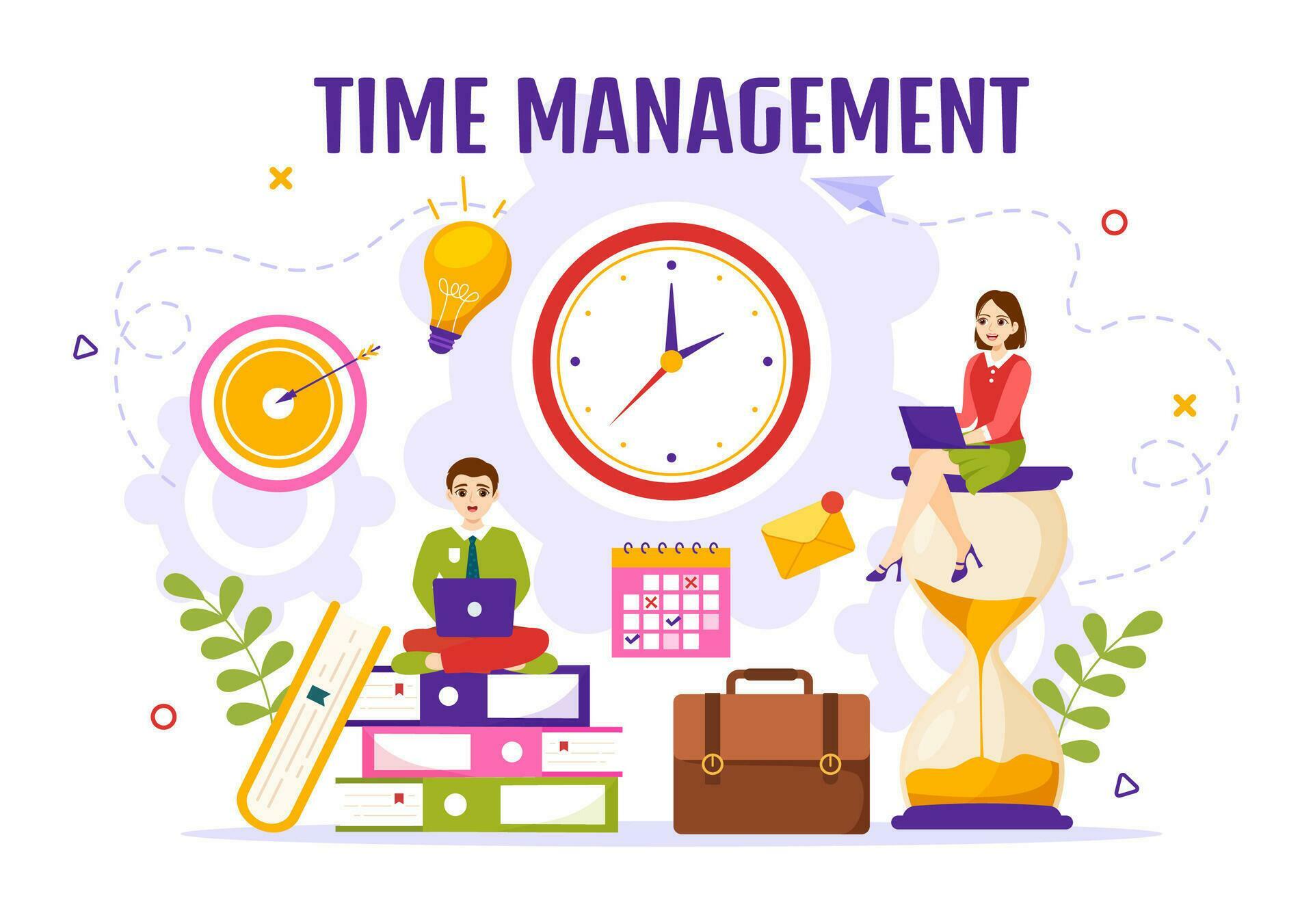 Time Management Vector Illustration with Clock Controls and Tasks Planning Training Activities ...