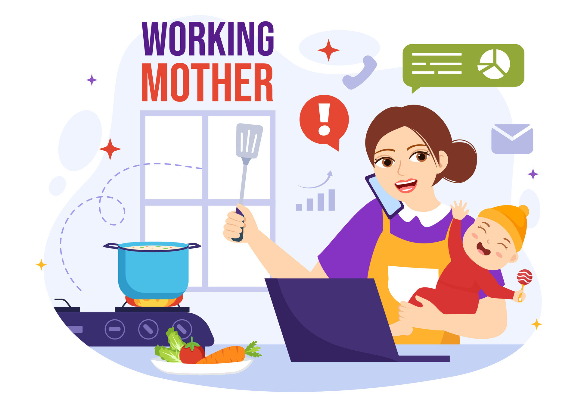 Working Mother Vector Illustration with Mothers who does Work and Takes ... Working Mother Vector Illustration with Mothers who does Work and Takes ...