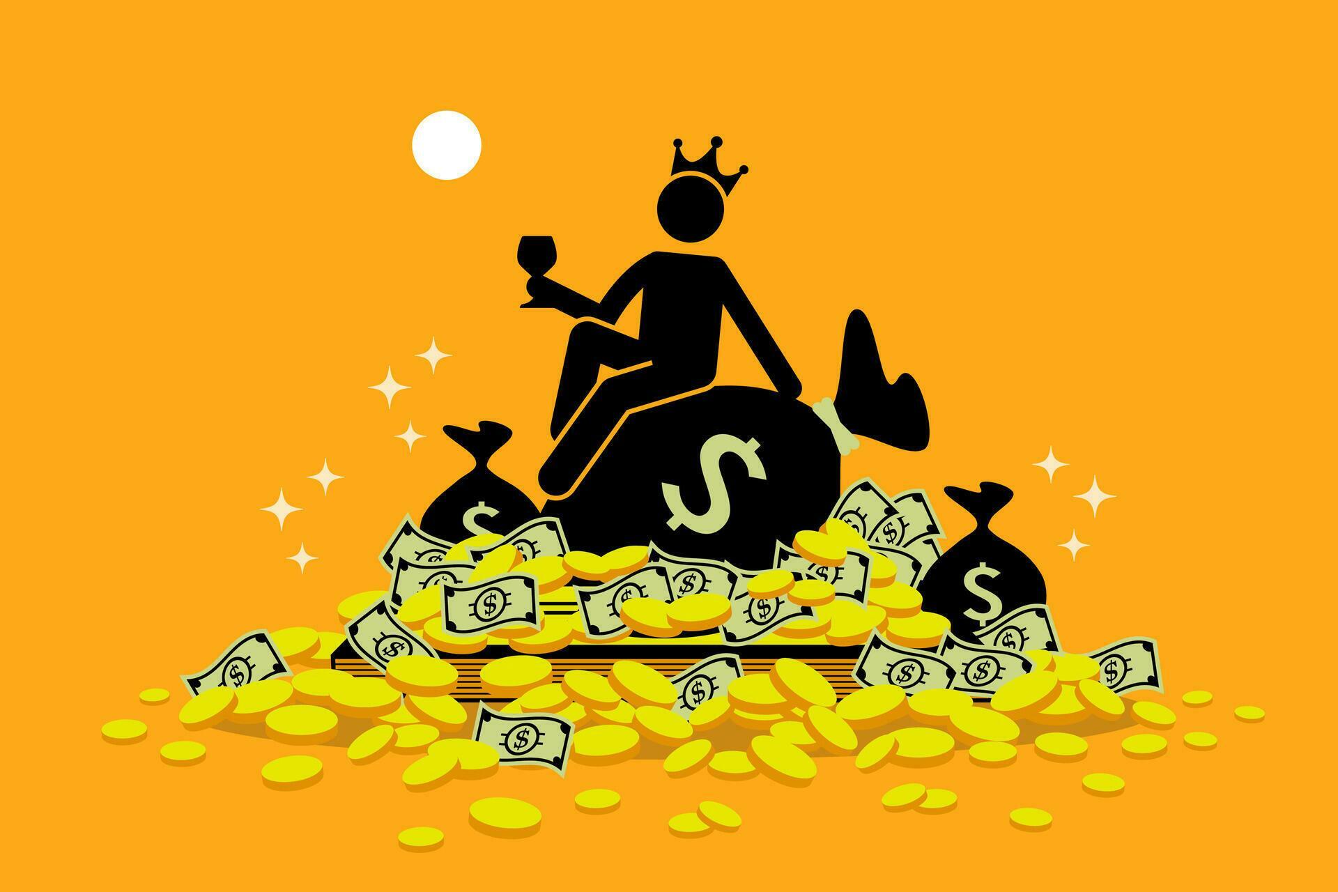 Man wearing a crown sitting on a pile of money and gold coins. Vector illustrations clip art ...