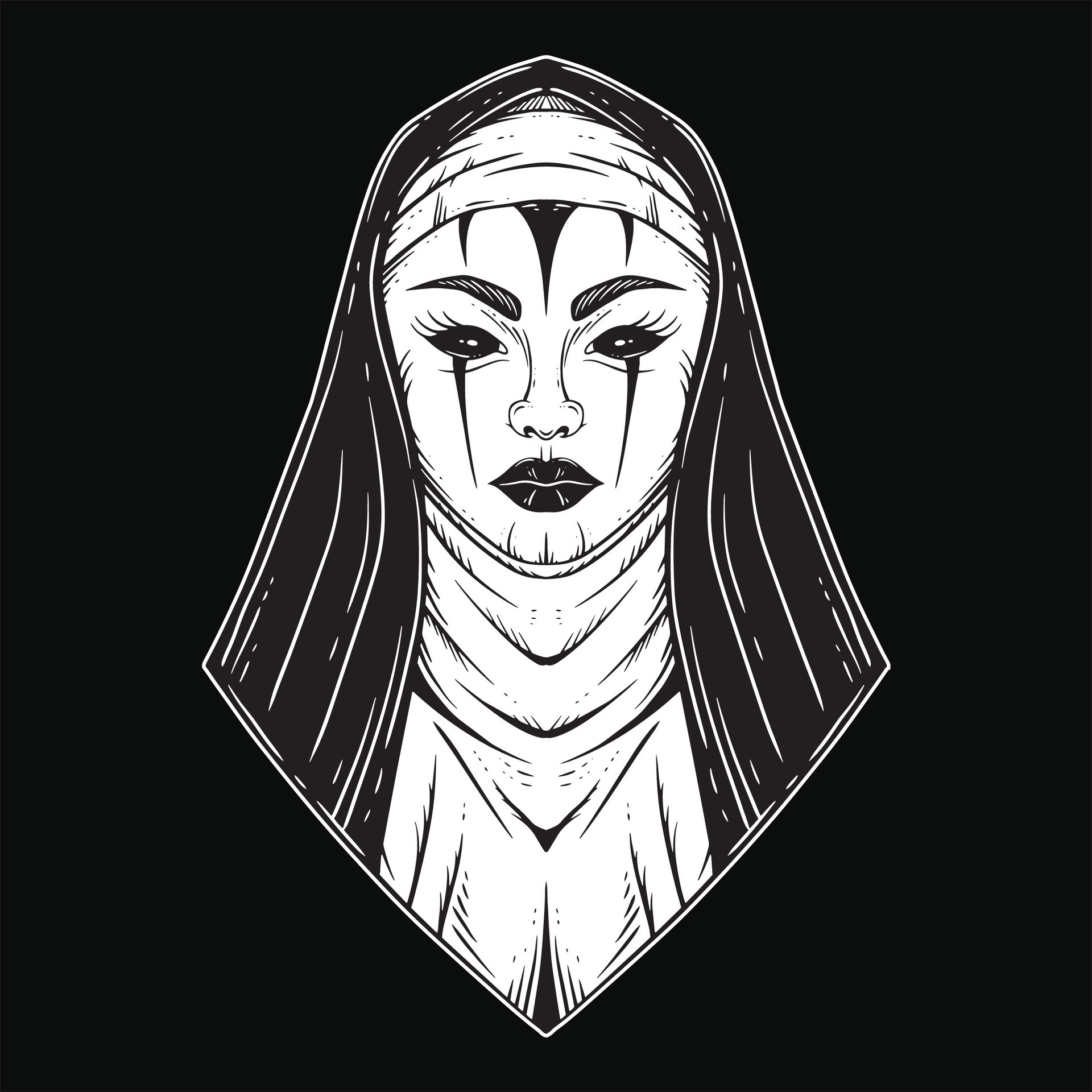 Dark Art Nun Tattoo Devil Women Skull Head Horror Hand Drawn Style