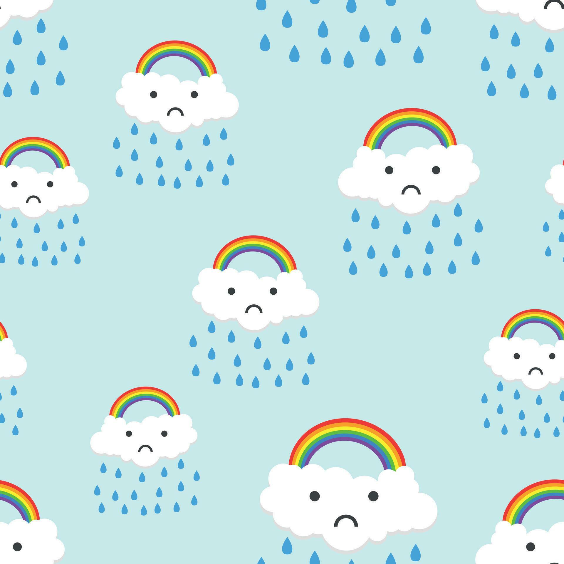 Sad rainbow emotion with clouds seamless pattern background icon ...
