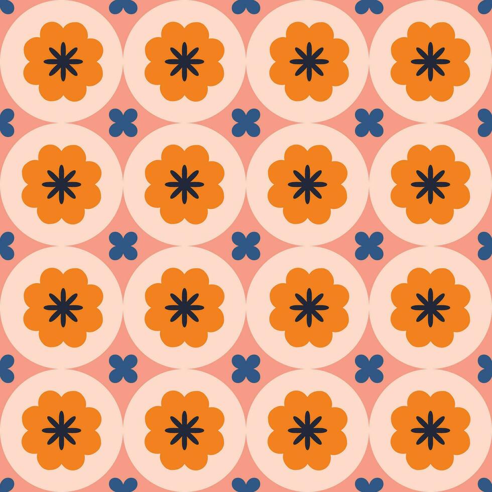 Modern Floral Tile Pattern In Retro Style Simple Geometric Shapes