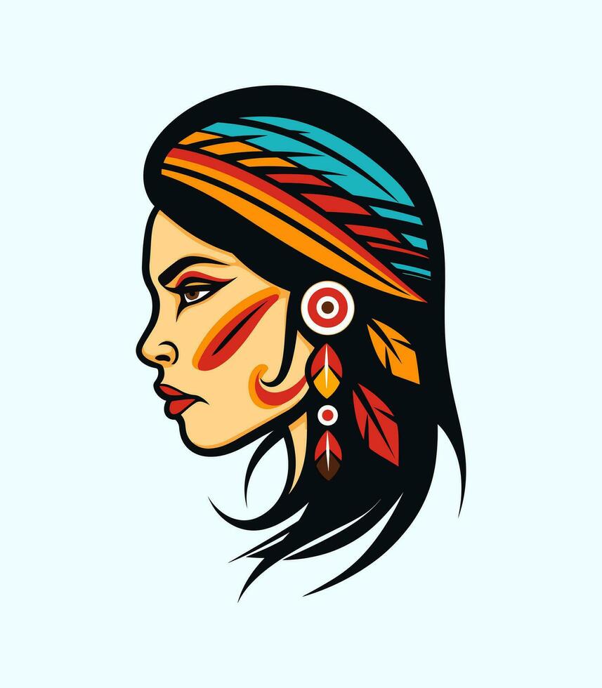Beautiful Native Indian American Girl Head Vector Clip Art Illustration