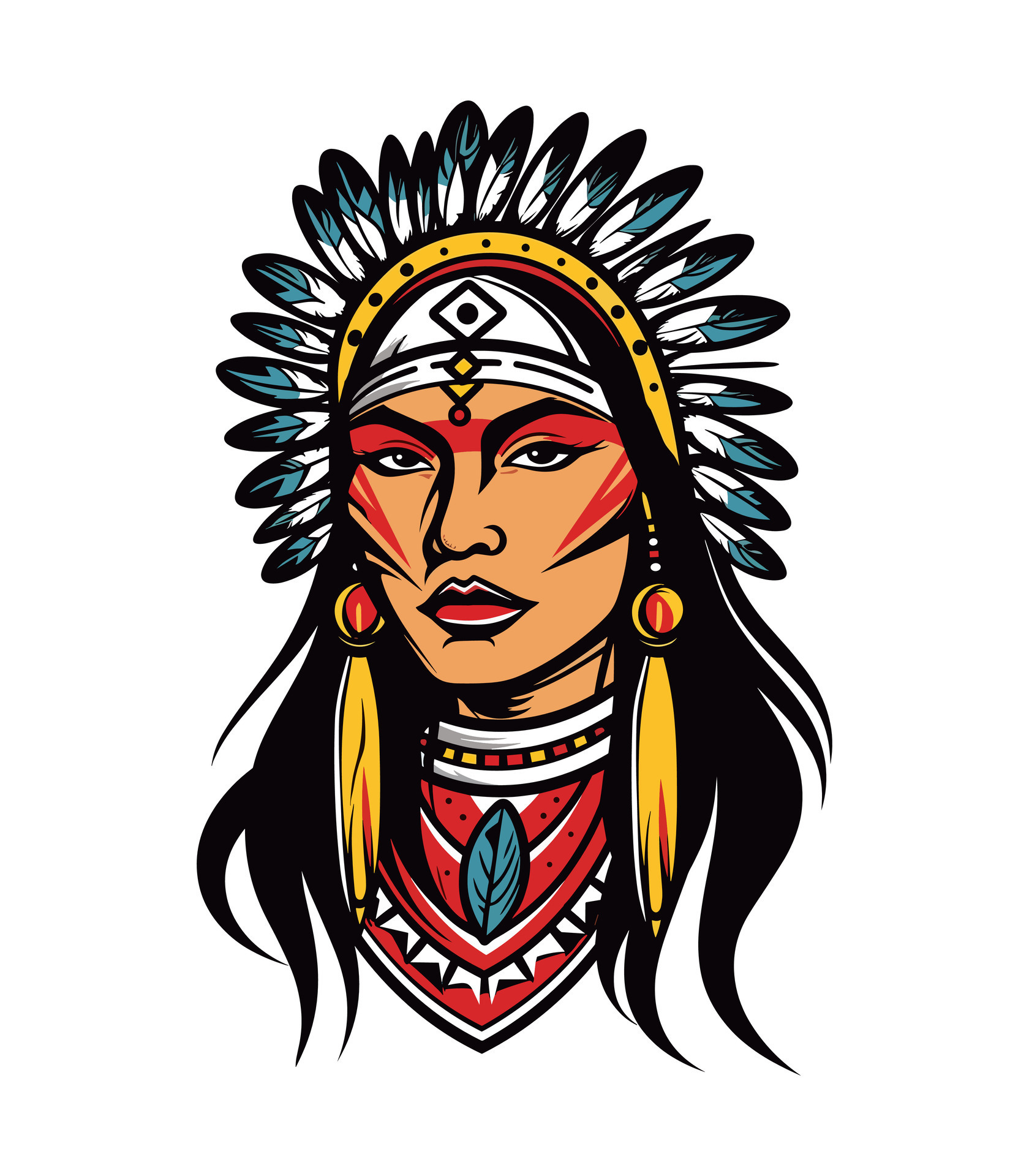 Beautiful Native Indian American Girl Head Vector Clip Art Illustration
