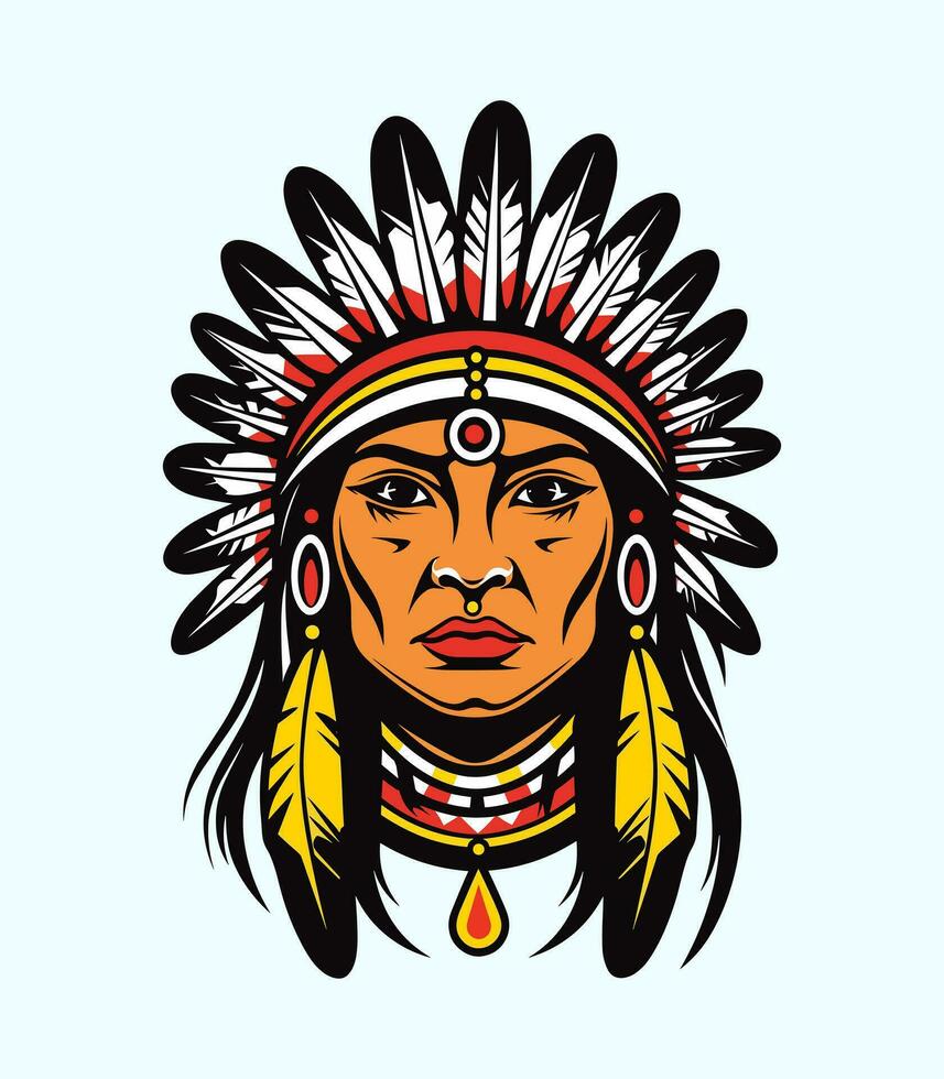 Beautiful Native Indian American Girl Head Vector Clip Art Illustration