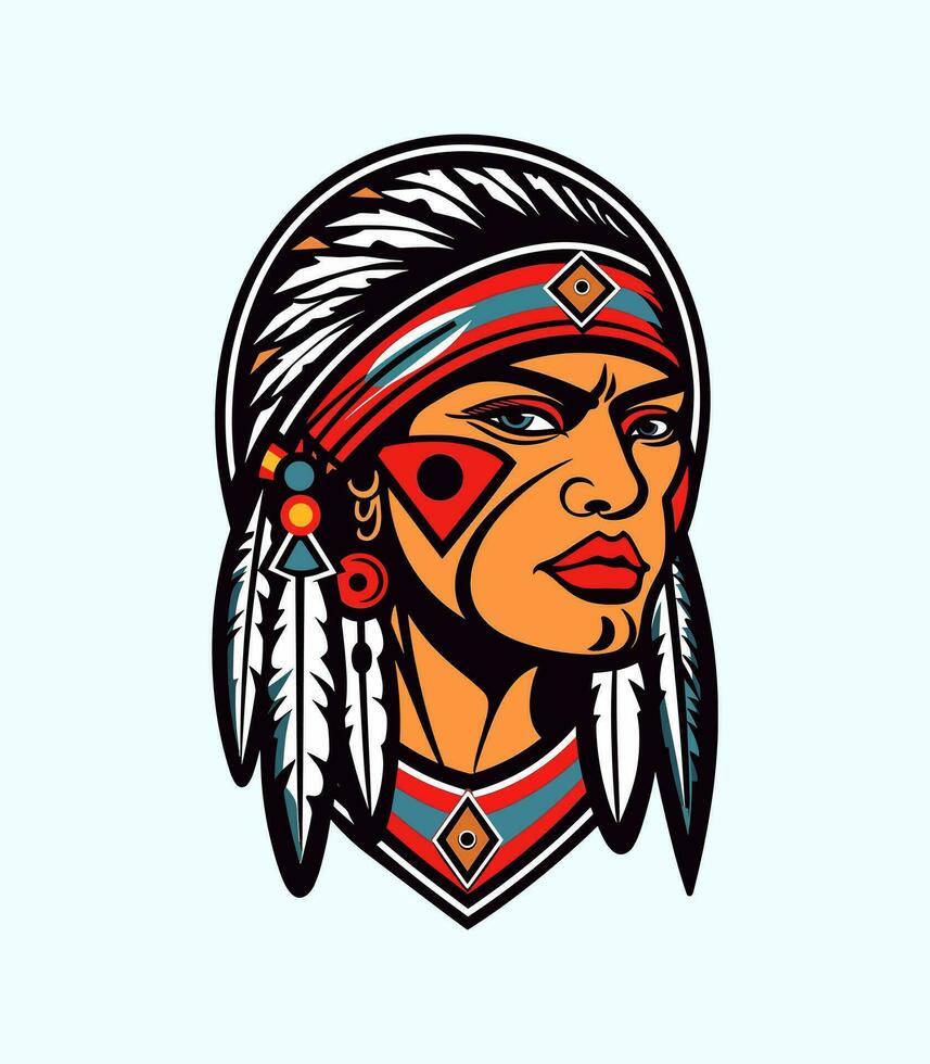 Beautiful Native Indian American Girl Head Vector Clip Art Illustration
