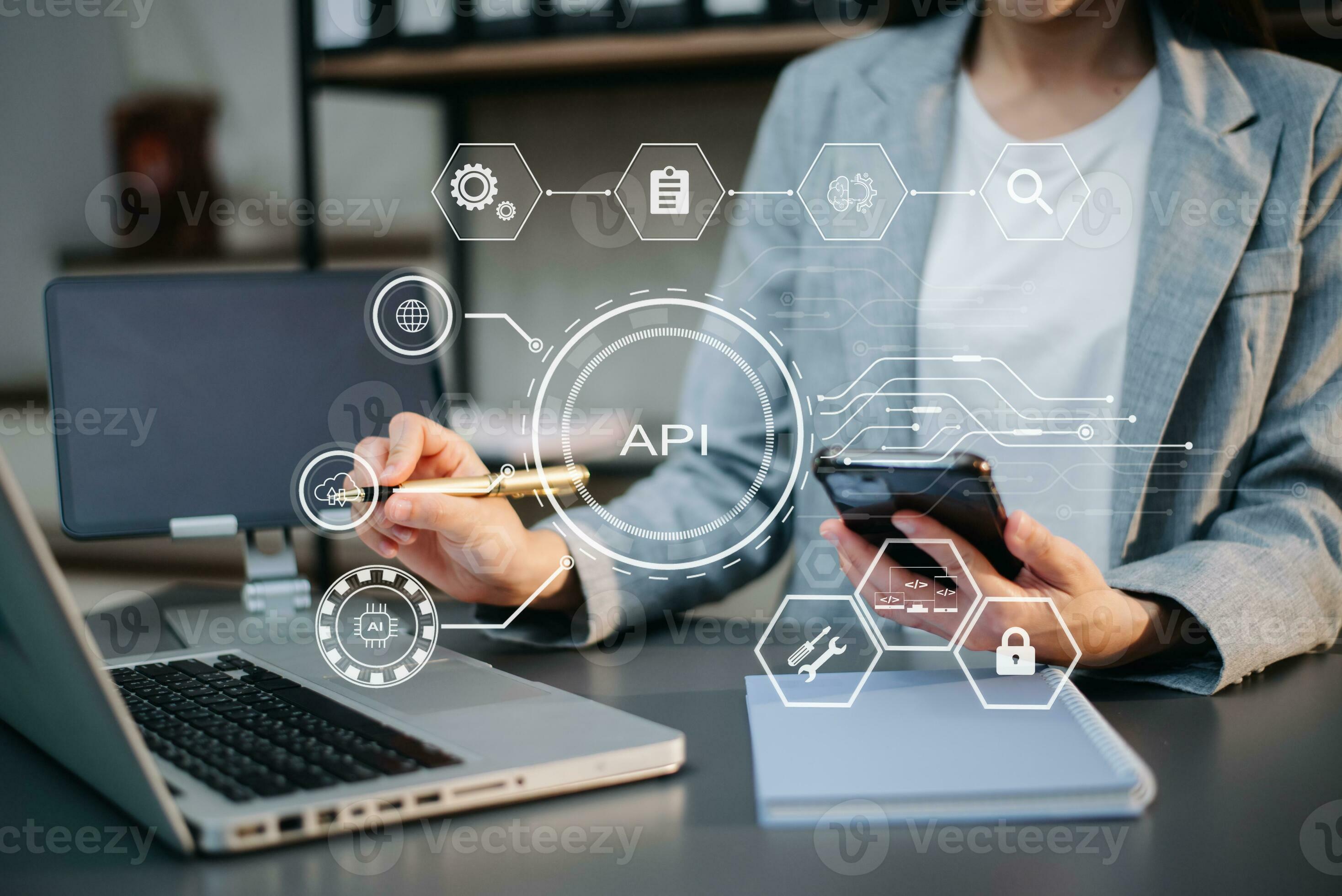 API Application Programming Interface, woman using laptop, tablet and smartphone with virtual ...